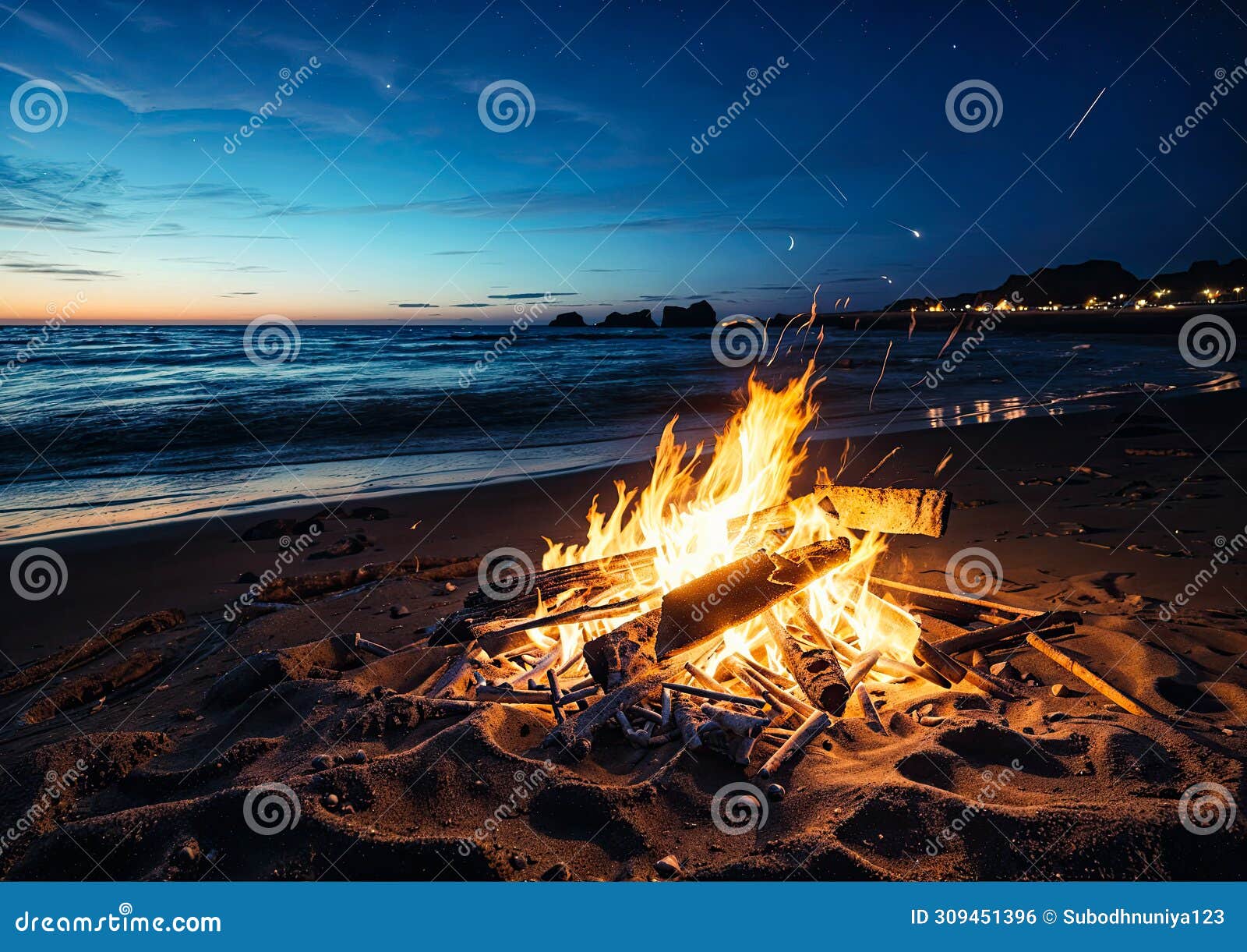 Bonfire on the Beach at Night. Camping on the Beach. Stock Illustration ...