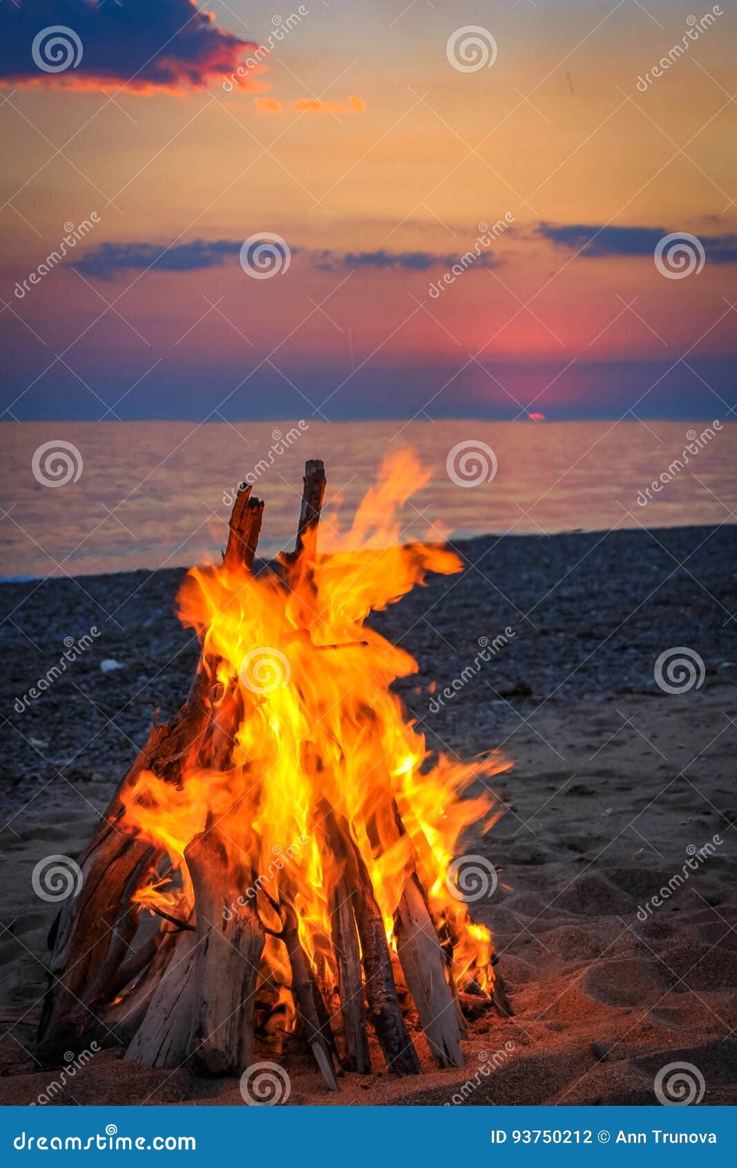 Bonfire on the Beach by the Sea at Sunset Stock Photo - Image of heat ...