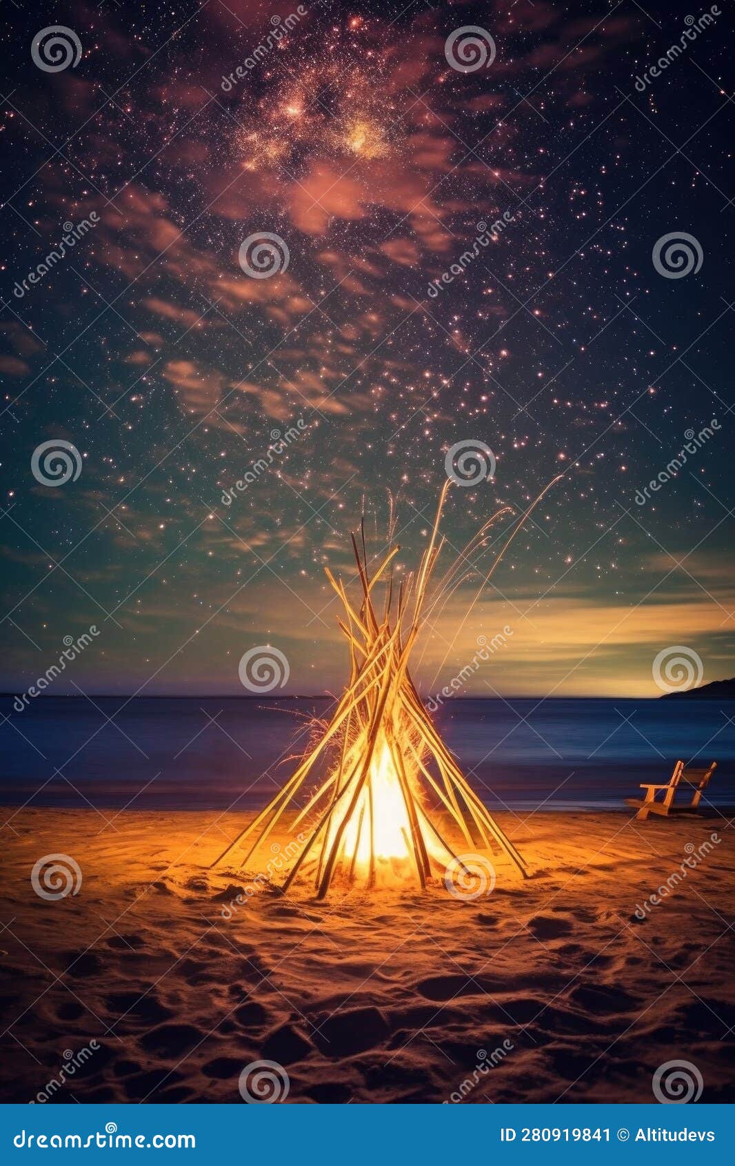 A Bonfire on the Beach with Sparks Flying into the Night Sky Stock ...
