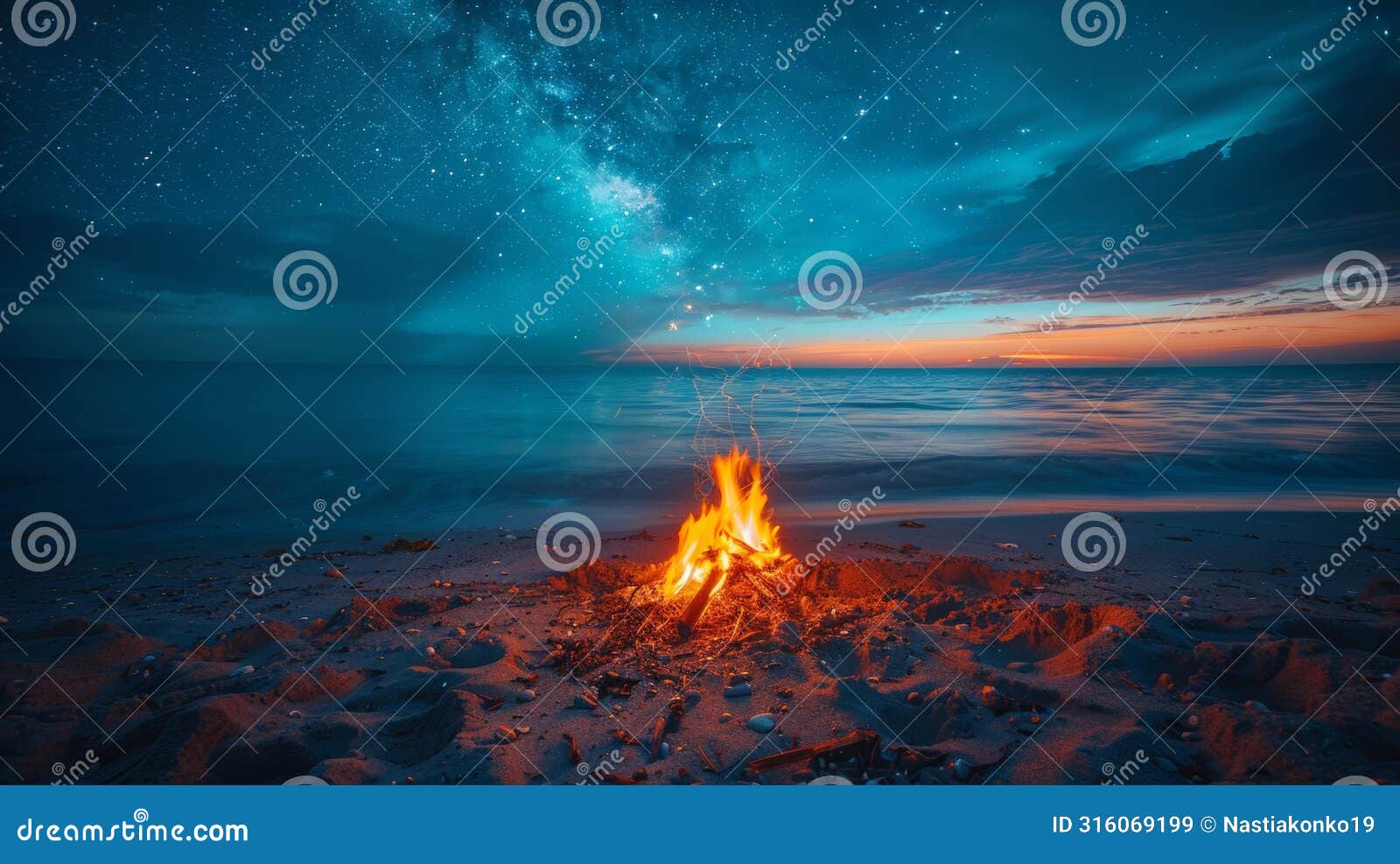 Bonfire on a Beach Under a Starry Sky at Twilight Stock Image - Image ...