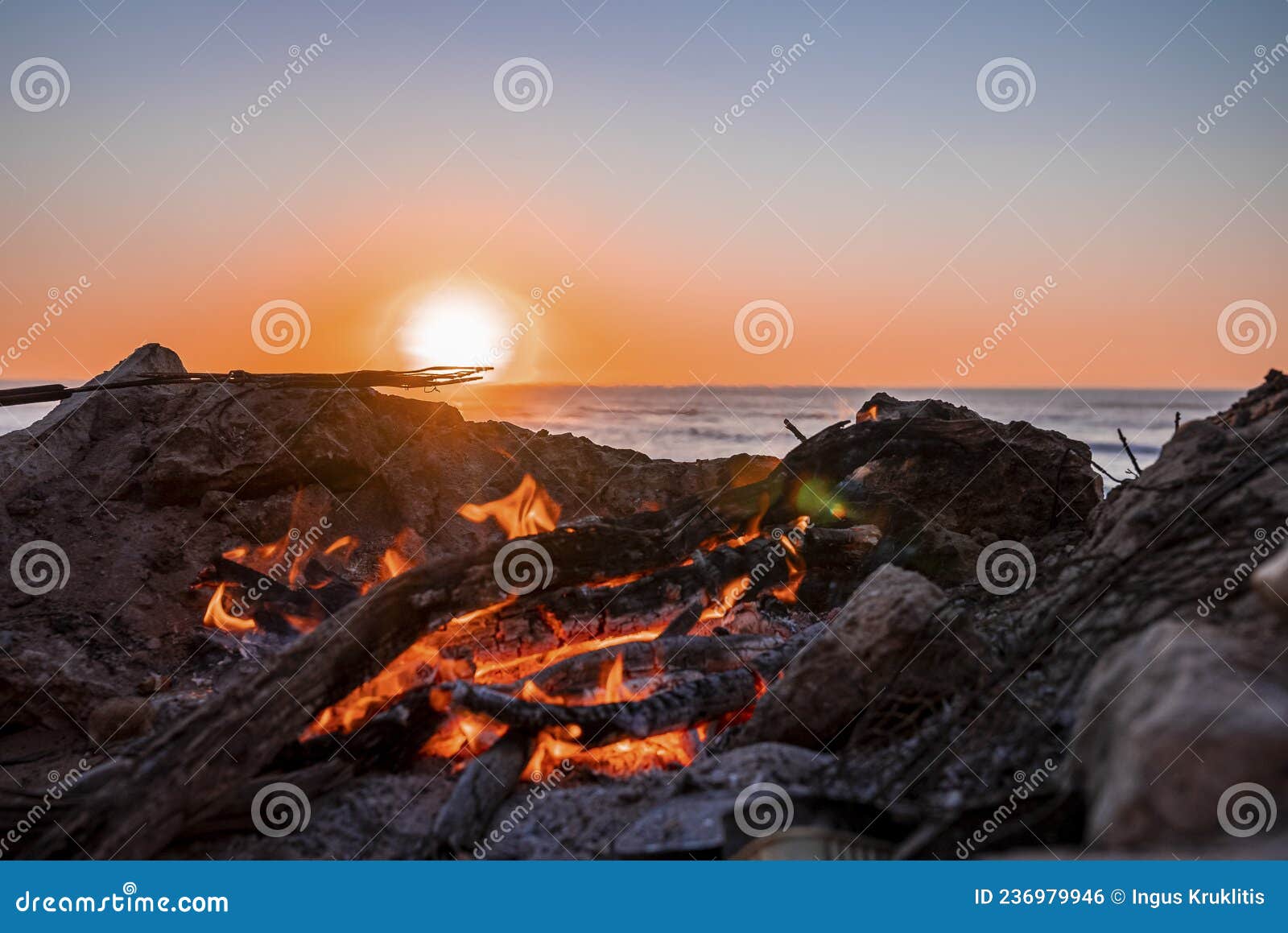 Bonfire with Burning Firewood during Beautiful Sunset at Beach Stock ...