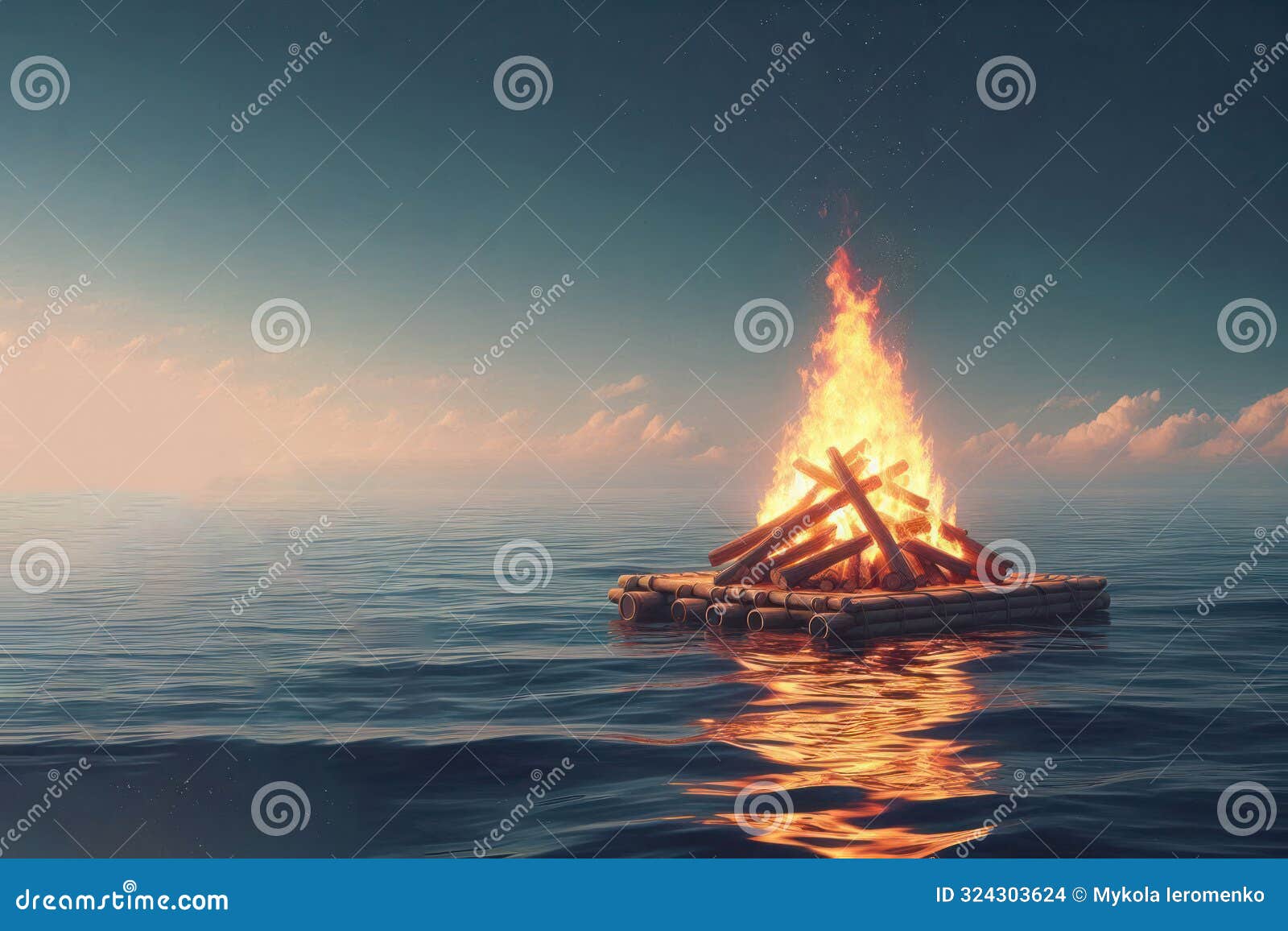 A Bonfire Burning on a Floating Raft in the Open Sea. Space for Text ...