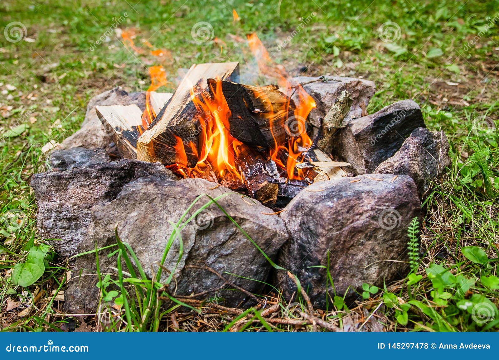 Bonfire in the Circle of Stones in the Forest Stock Photo - Image of ...