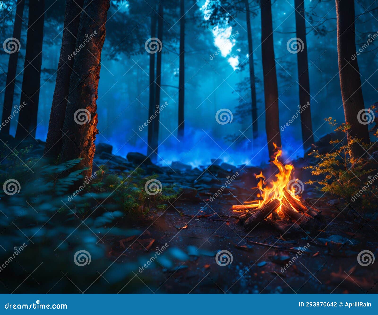 Bonfire in the dark forest stock photo. Image of animals - 293870642