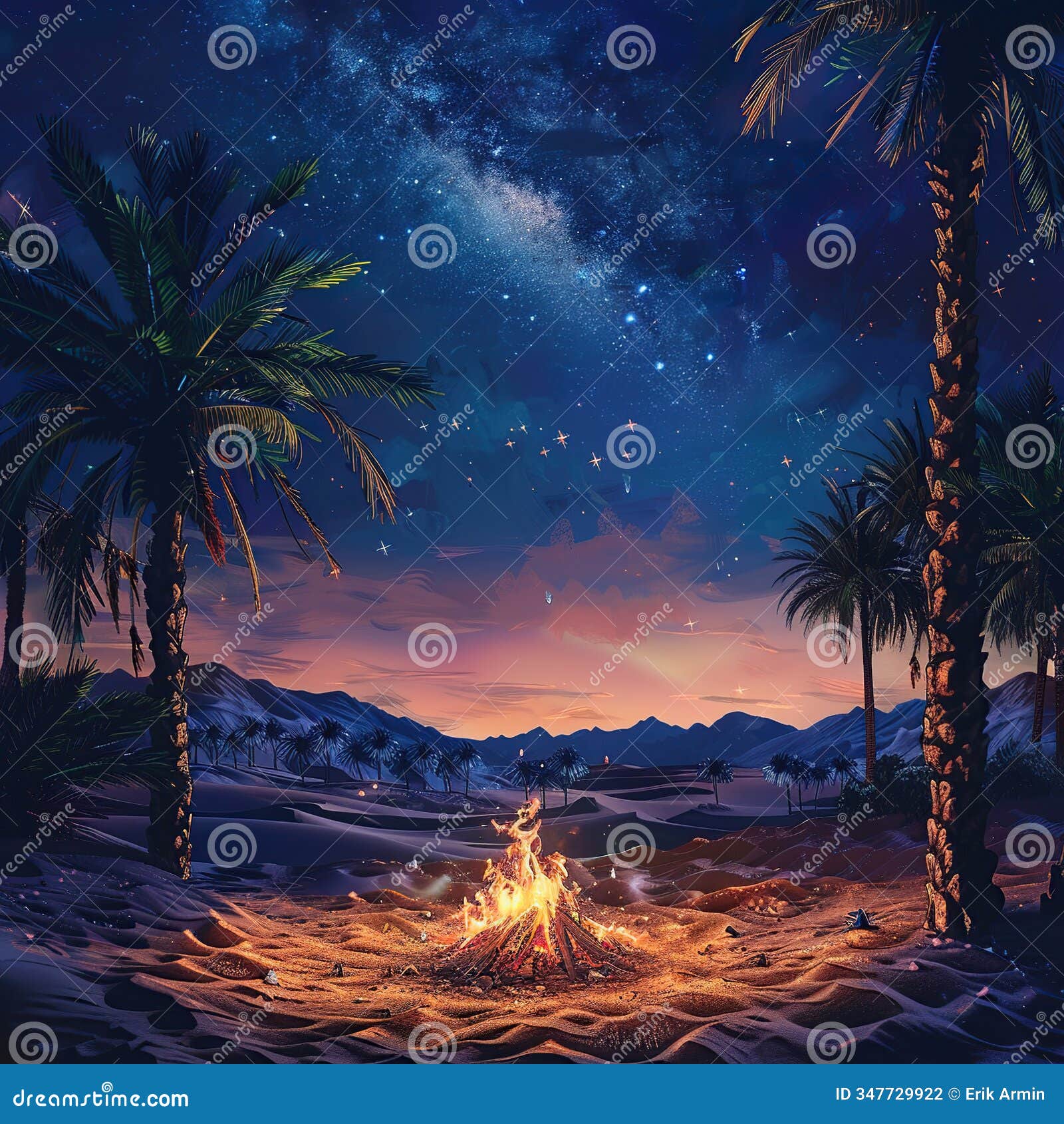 Bonfire in a Desert Oasis with Palm Trees and Starry Night Sky Stock ...