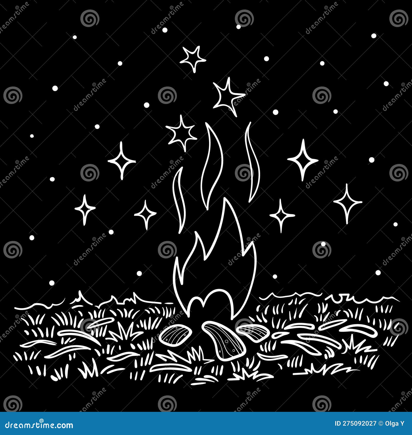 Bonfire in the Field, Vector Sketch on a Black Background Stock Vector ...