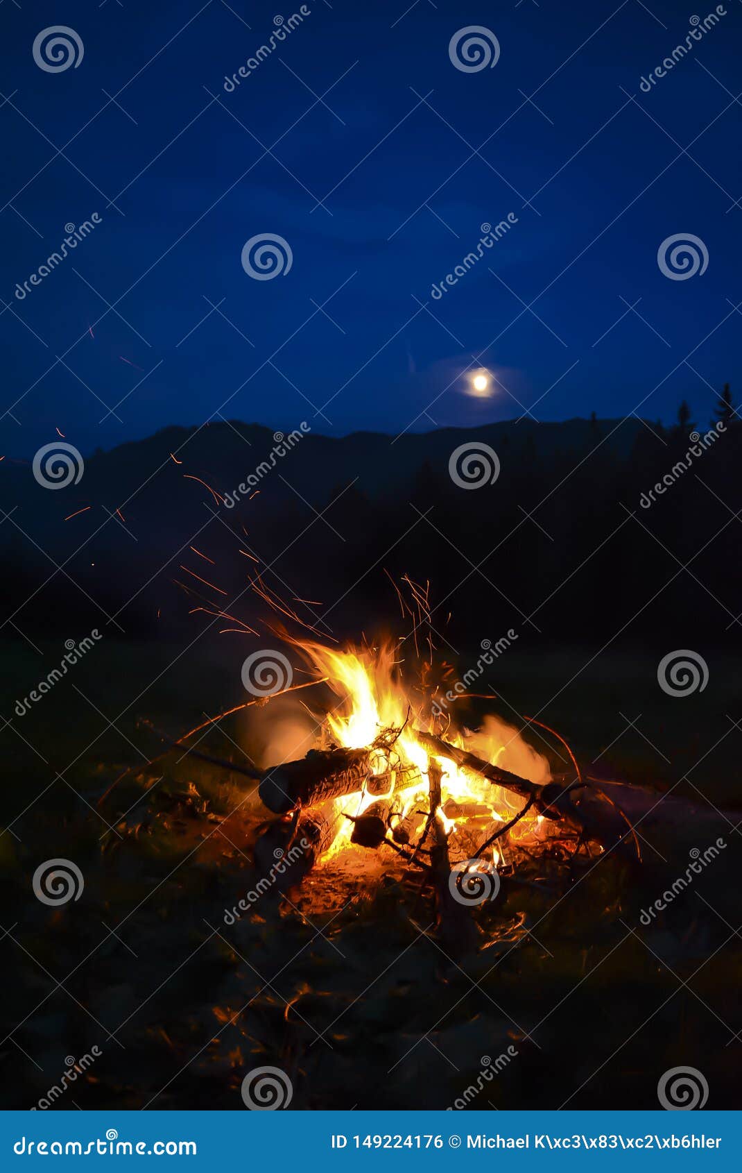 Bonfire Fire Night Moonlight in the Mountains Stock Photo - Image of ...