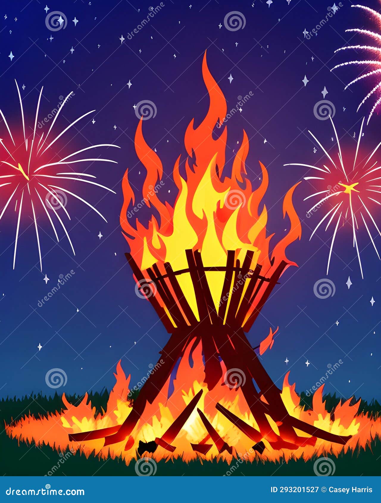 Bonfire and fireworks stock illustration. Illustration of event - 293201527