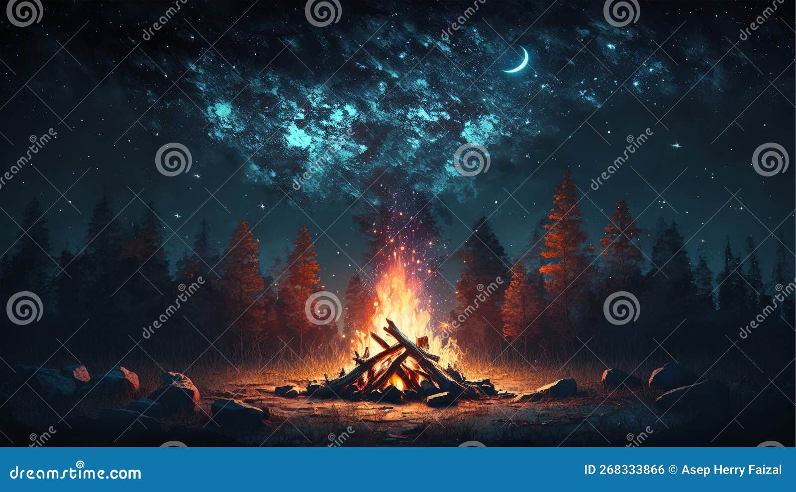 Bonfire in forest at night stock illustration. Illustration of moon ...
