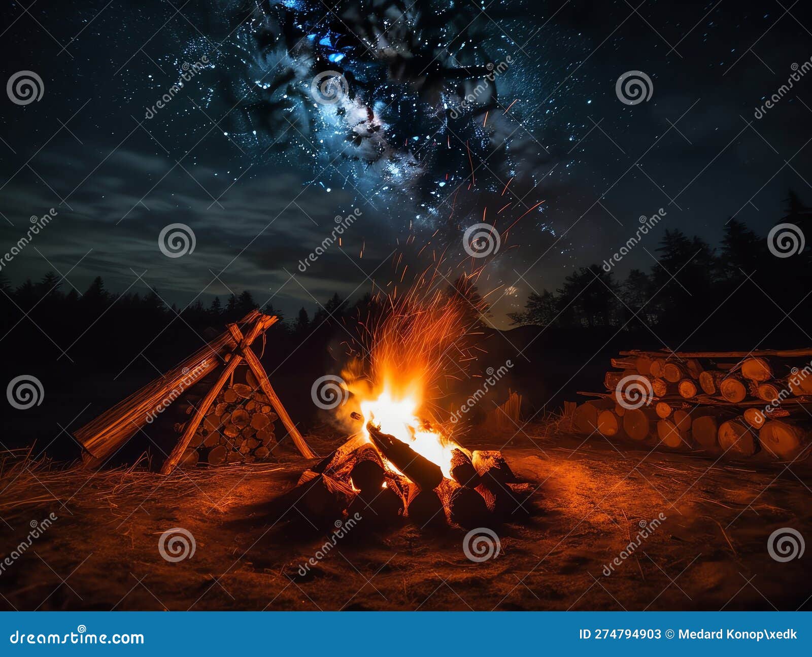 Bonfire in the Forest at Night. Burning Campfire in the Forest at Night ...