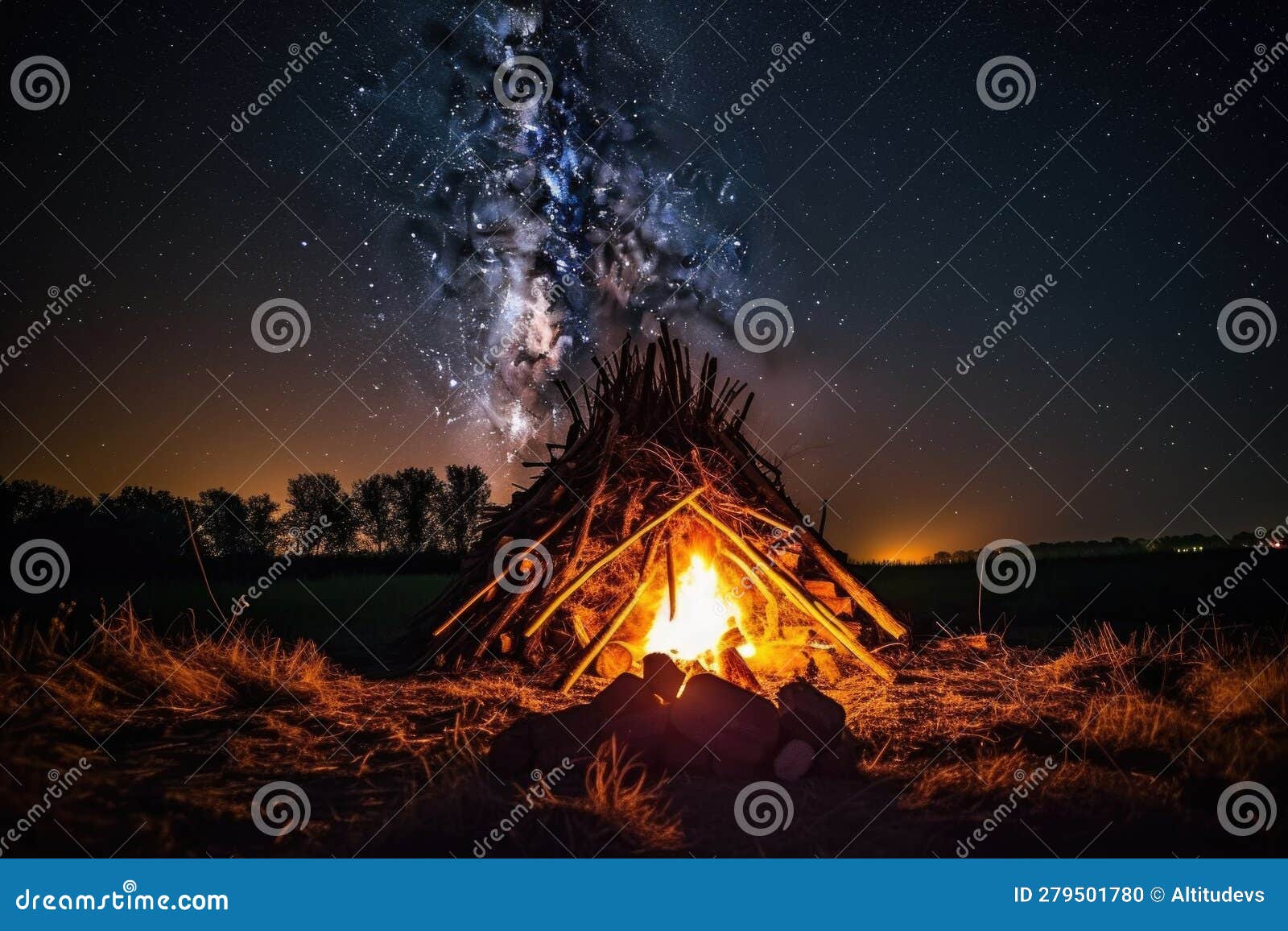 Bonfire Glowing in the Night, with a View of the Starry Sky Stock ...