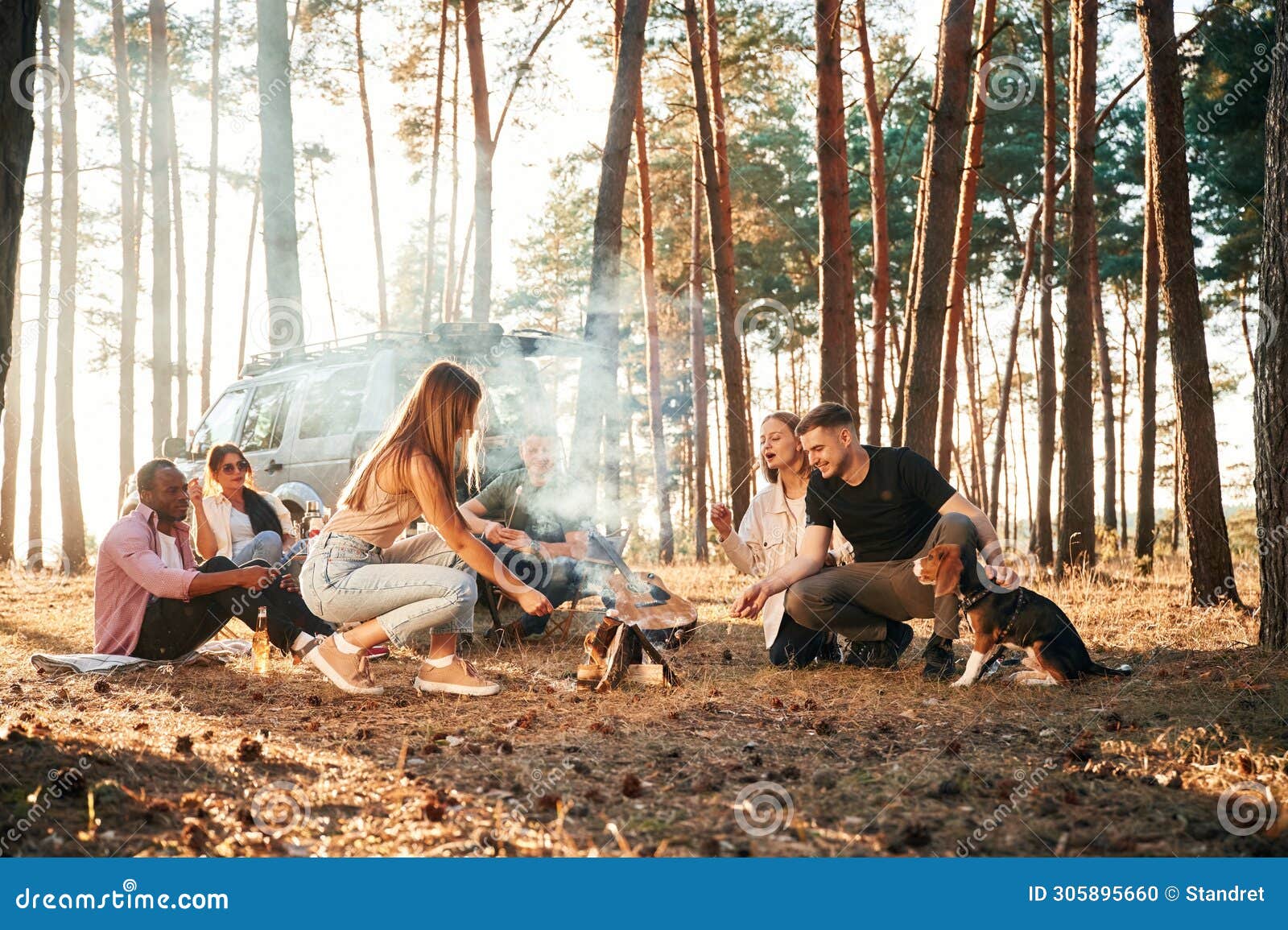 By Bonfire. Group of Friends are Together in the Forest Stock Photo ...