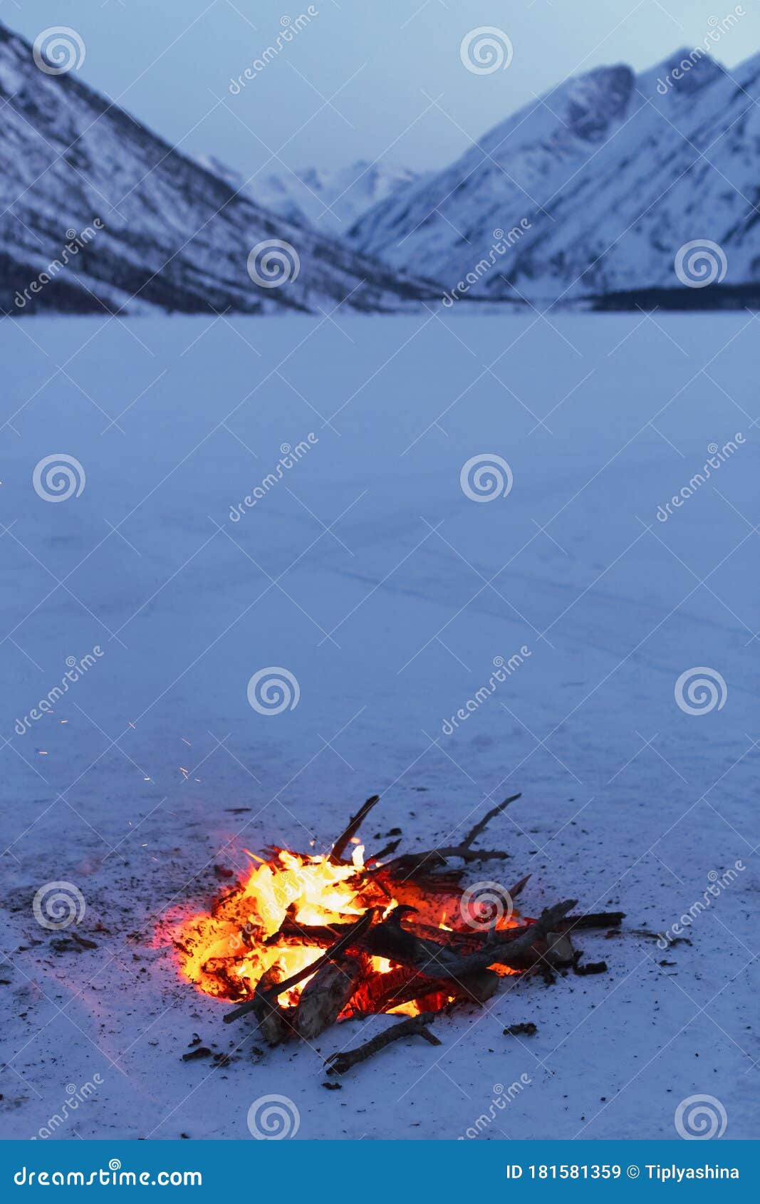 Bonfire on the Ice of a Mountain Lake in Winter Stock Image - Image of ...