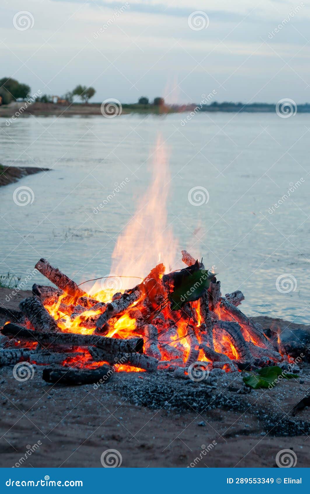 Bonfire on Lake Shore, Twilight. Stock Image - Image of traveller ...