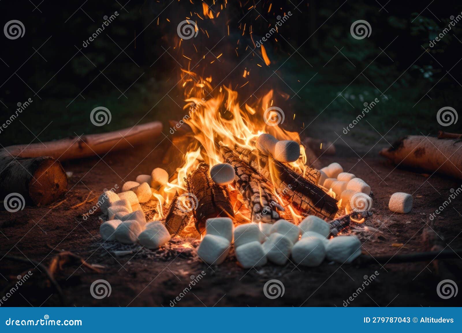 Bonfire with Marshmallows Roasting Over the Flames Stock Illustration - Illustration of night ...