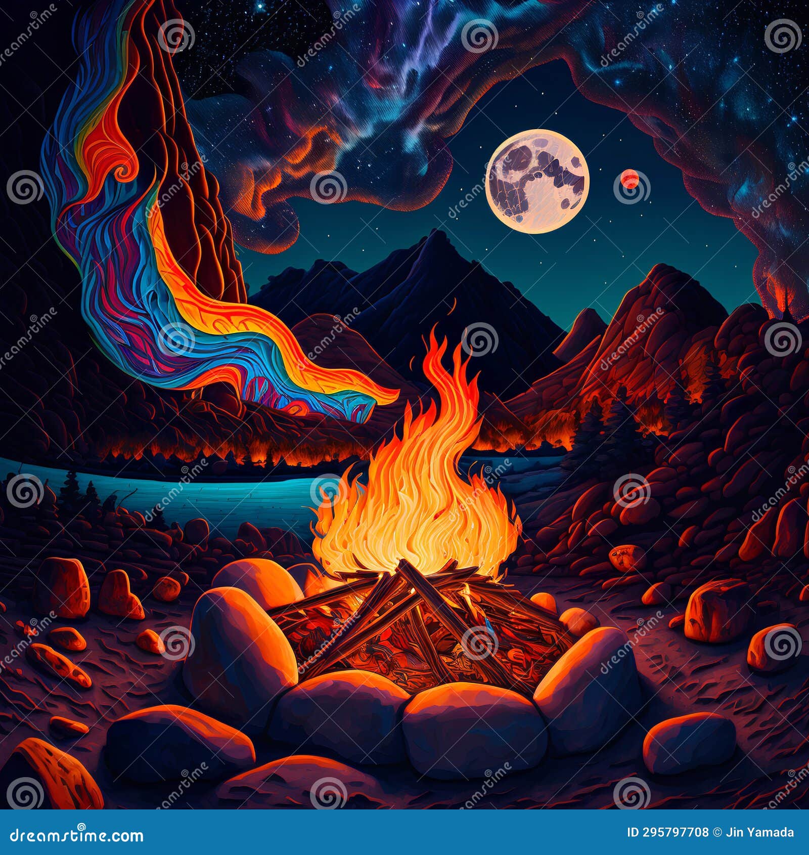Bonfire in the Mountains at Night. Illustration in Cartoon Style Stock ...