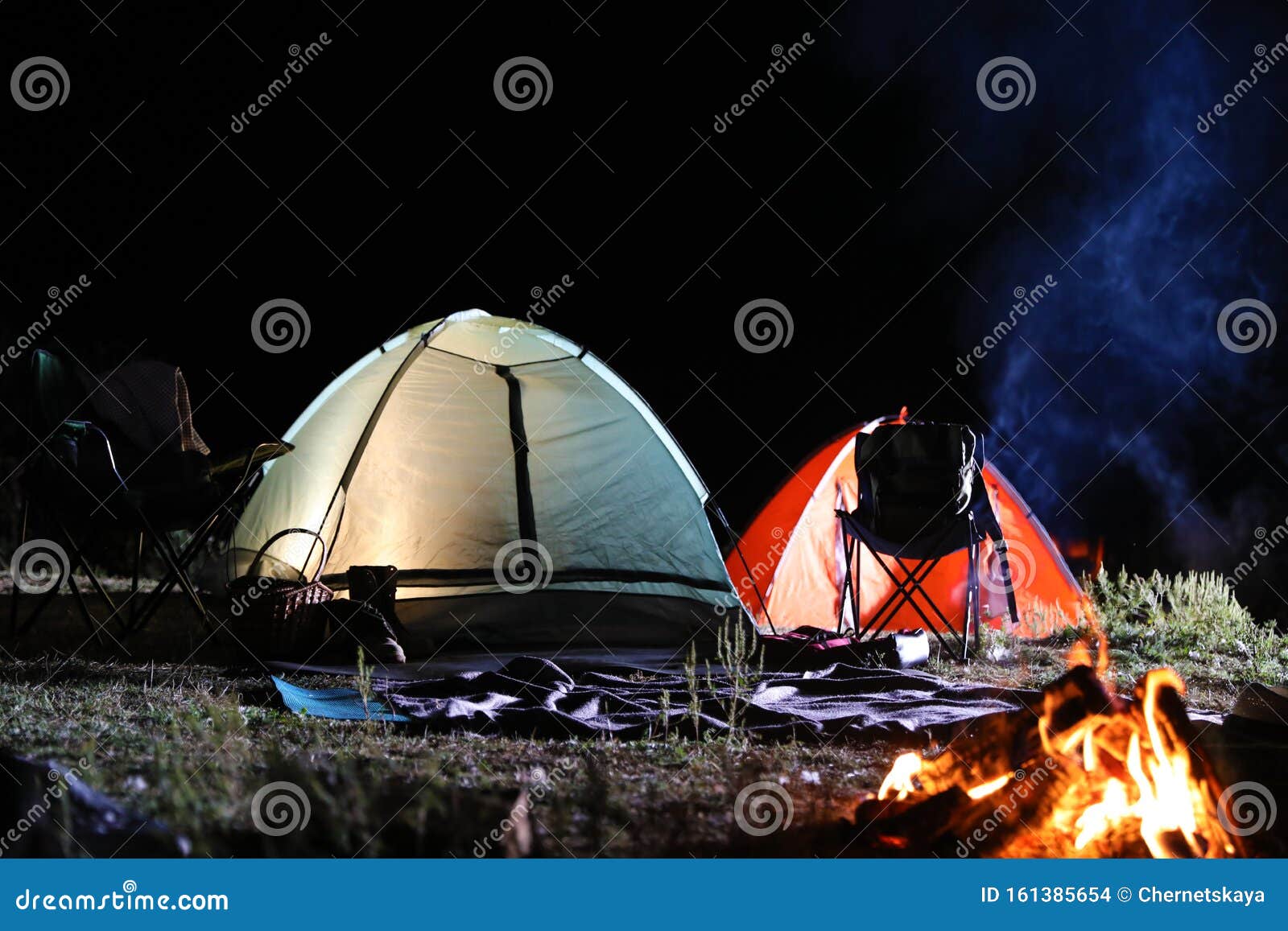 Bonfire Near Camping Tents Outdoors Stock Photo - Image of camp ...