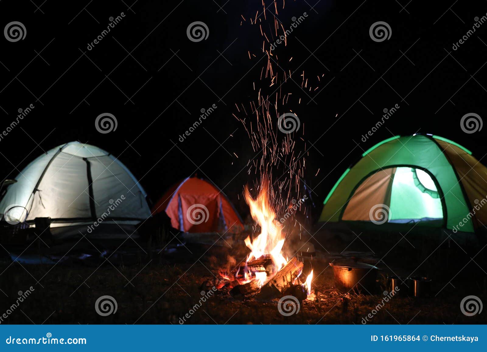 Bonfire Near Camping Tents Outdoors Stock Photo - Image of bushcraft ...