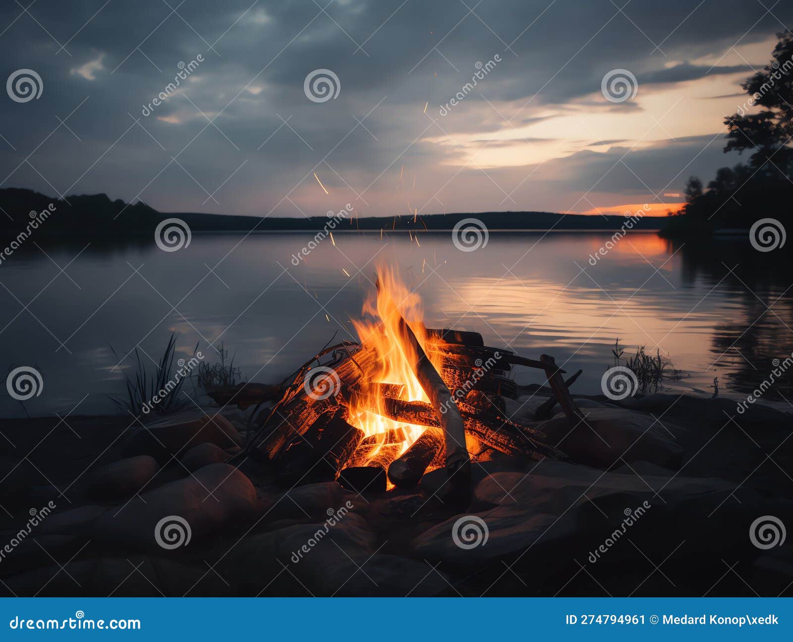 Bonfire on the Shore of a Lake at Sunset in the Evening. Made with ...