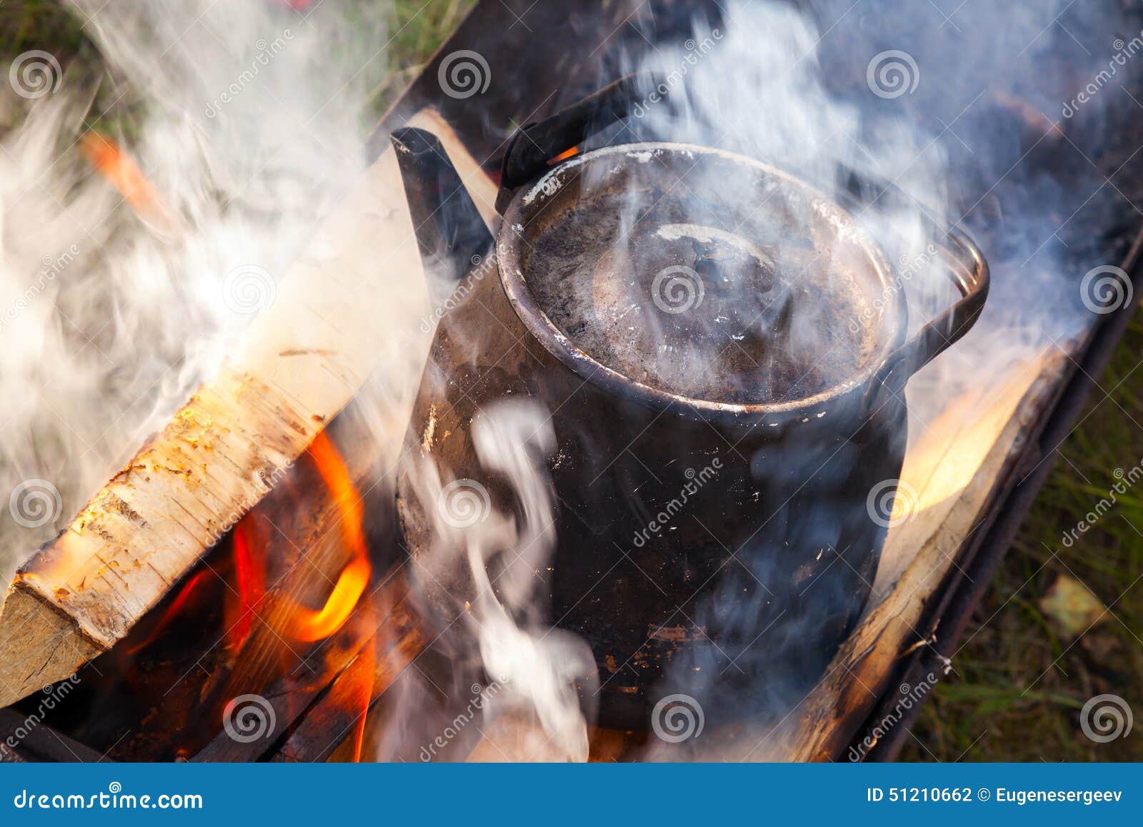 Bonfire with Smoke, Metal Old Black Boiling Teapot Stock Photo - Image ...