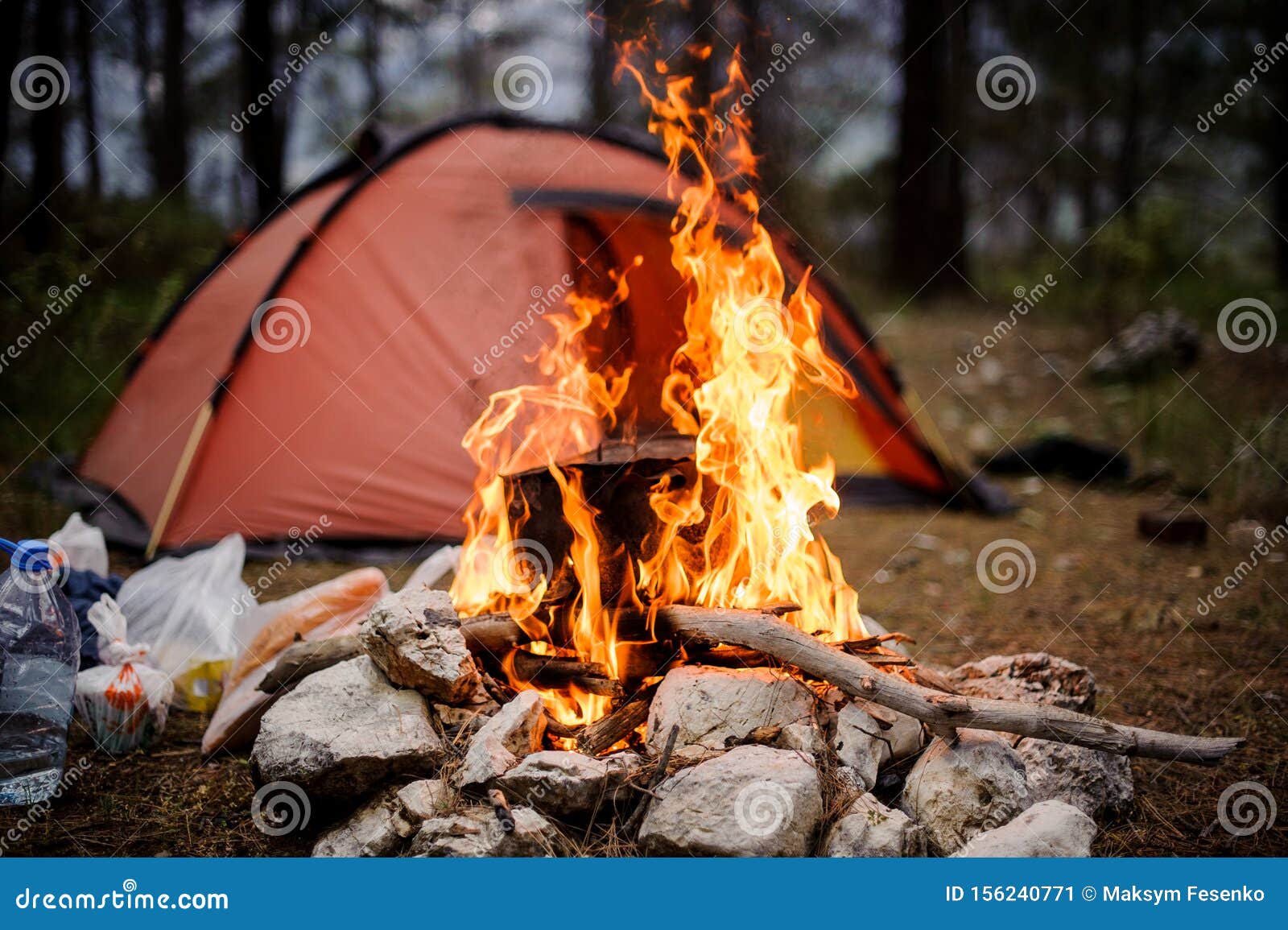 Bonfire on Stones in Front of a Tent Stock Image - Image of land ...