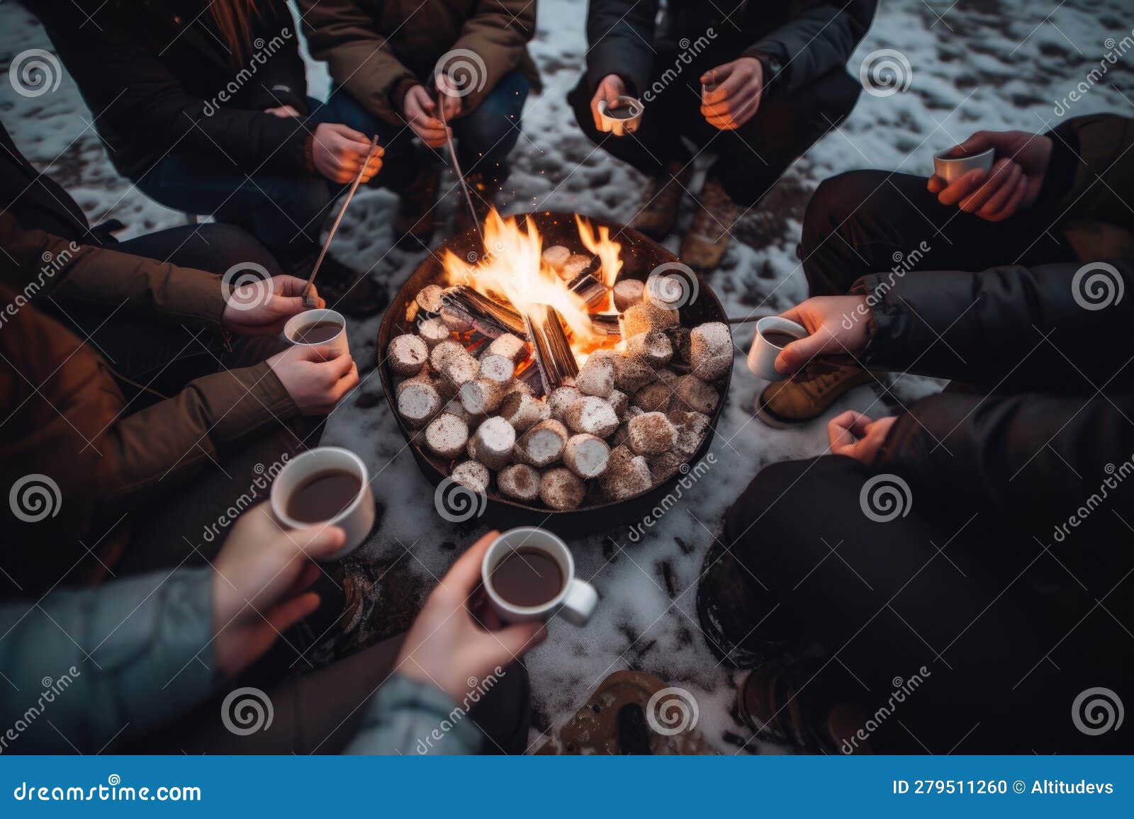 Bonfire Surrounded by Friends, S& X27;mores in Hand and Warm Drinks ...