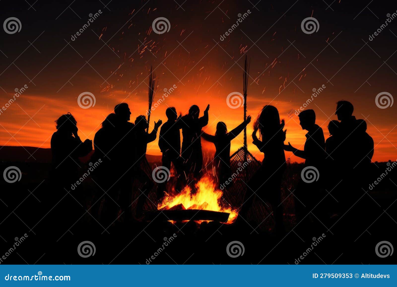 Bonfire Surrounded by the Silhouettes of People Laughing and Dancing ...