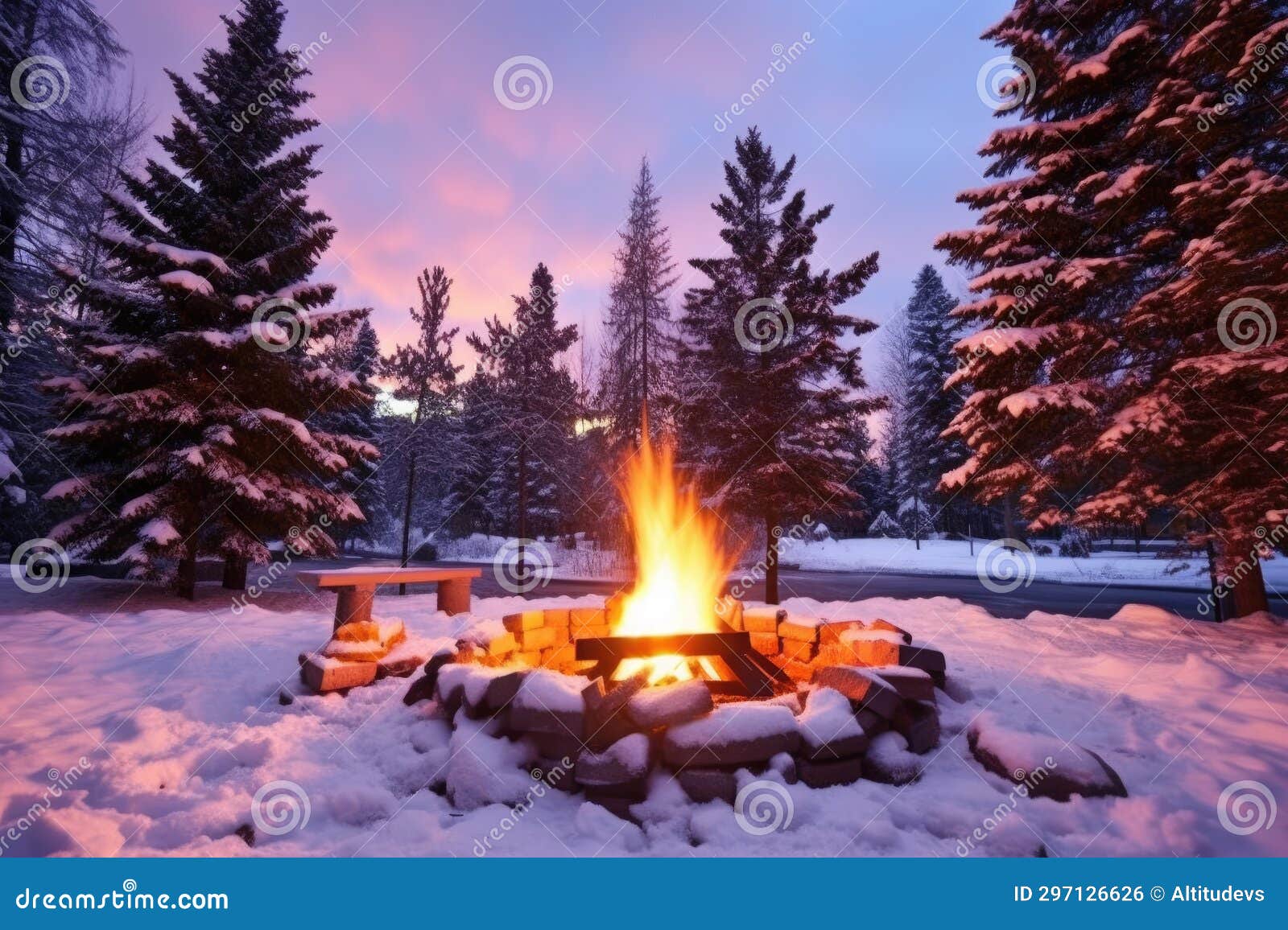 A Bonfire Surrounded by Snow-capped Pine Trees at a Resort Stock Photo ...