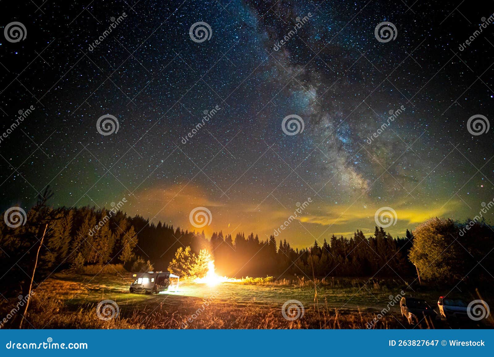 Bonfire and the Trees Under a Starry Sky. Stock Image - Image of cosmic ...