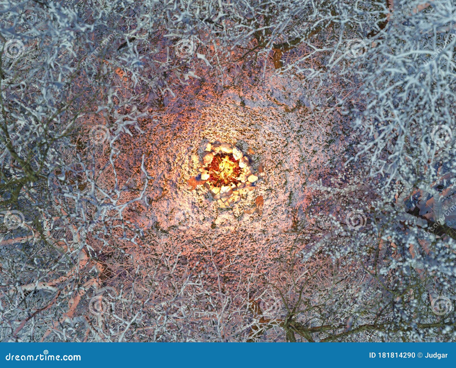 Bonfire in the Winter Forest among Snowy Trees in a Top View. 3D ...