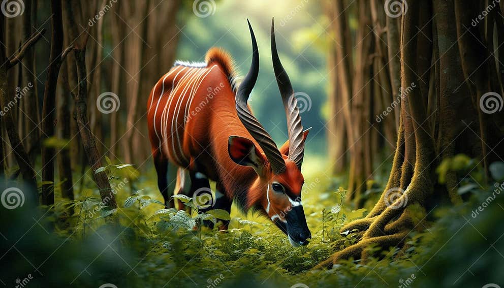 Bongo Antelope Grazing in Dense Forest Stock Illustration ...