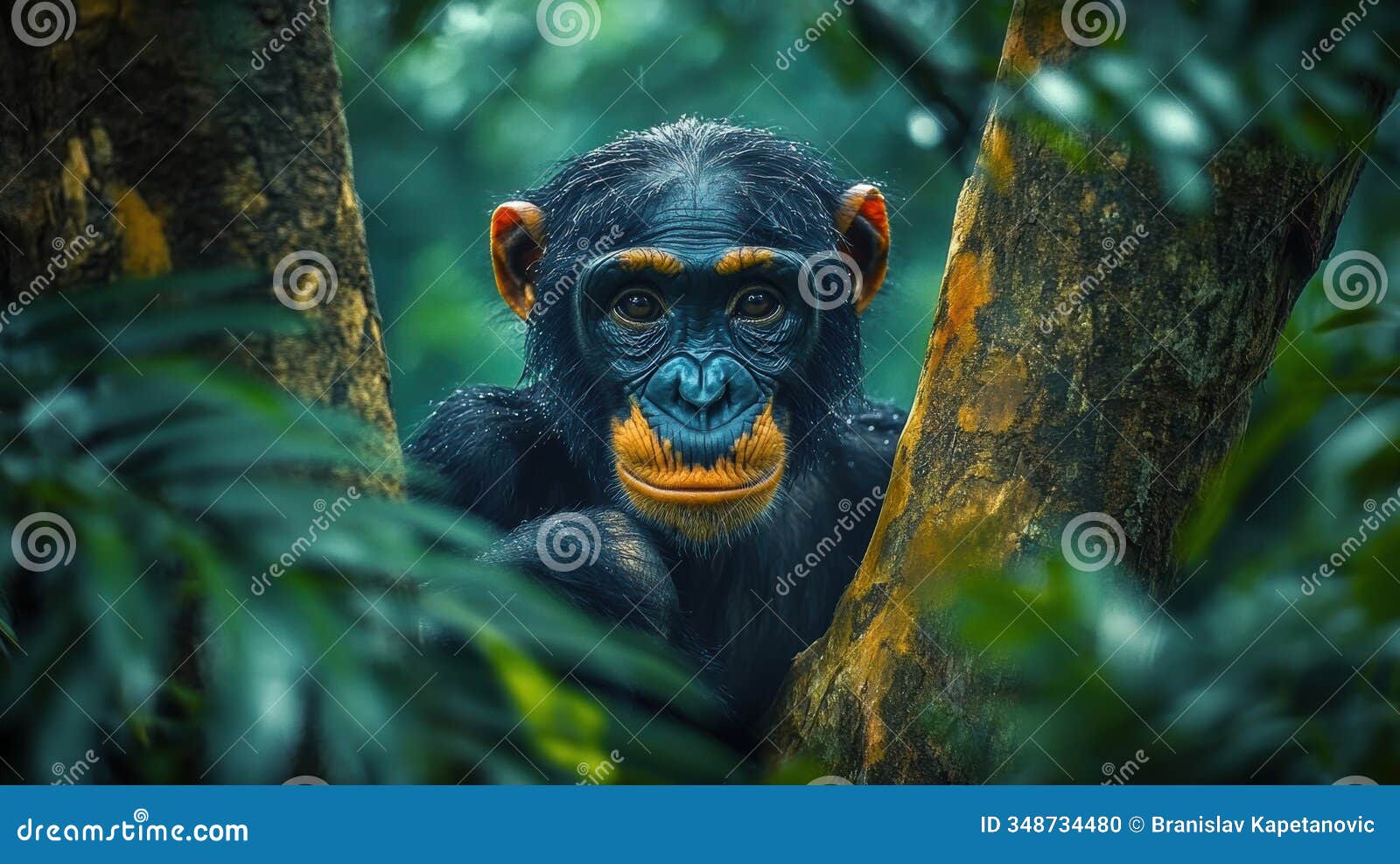 Bonobo Hiding in the Jungle Foliage during Rainfall Stock Photo - Image ...