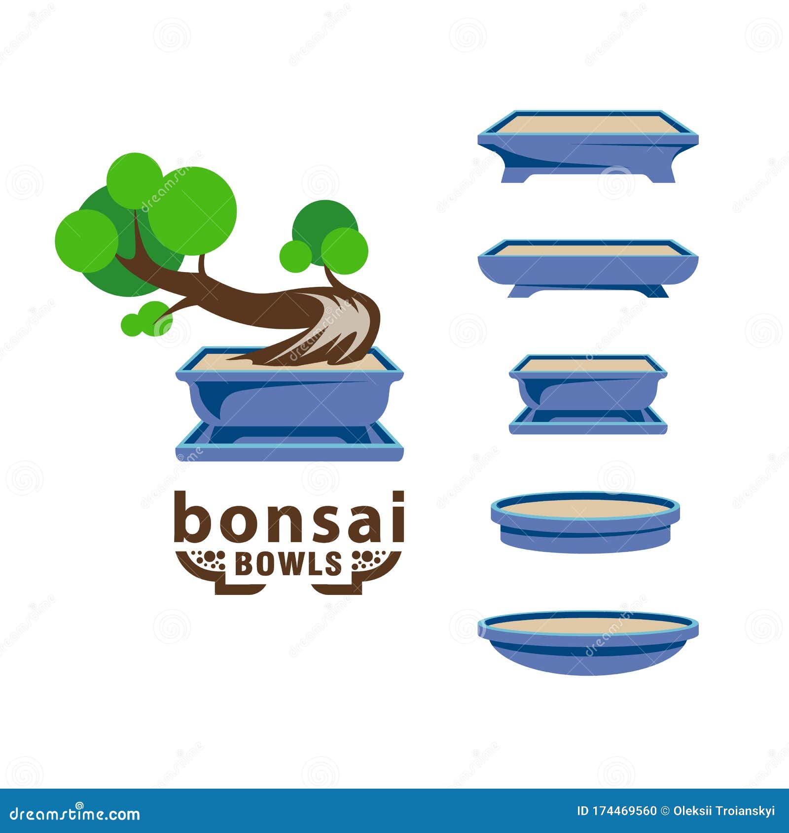 Bonsai Pots Set. Flat Vector Bonsai Tree with Rectangular and Round ...