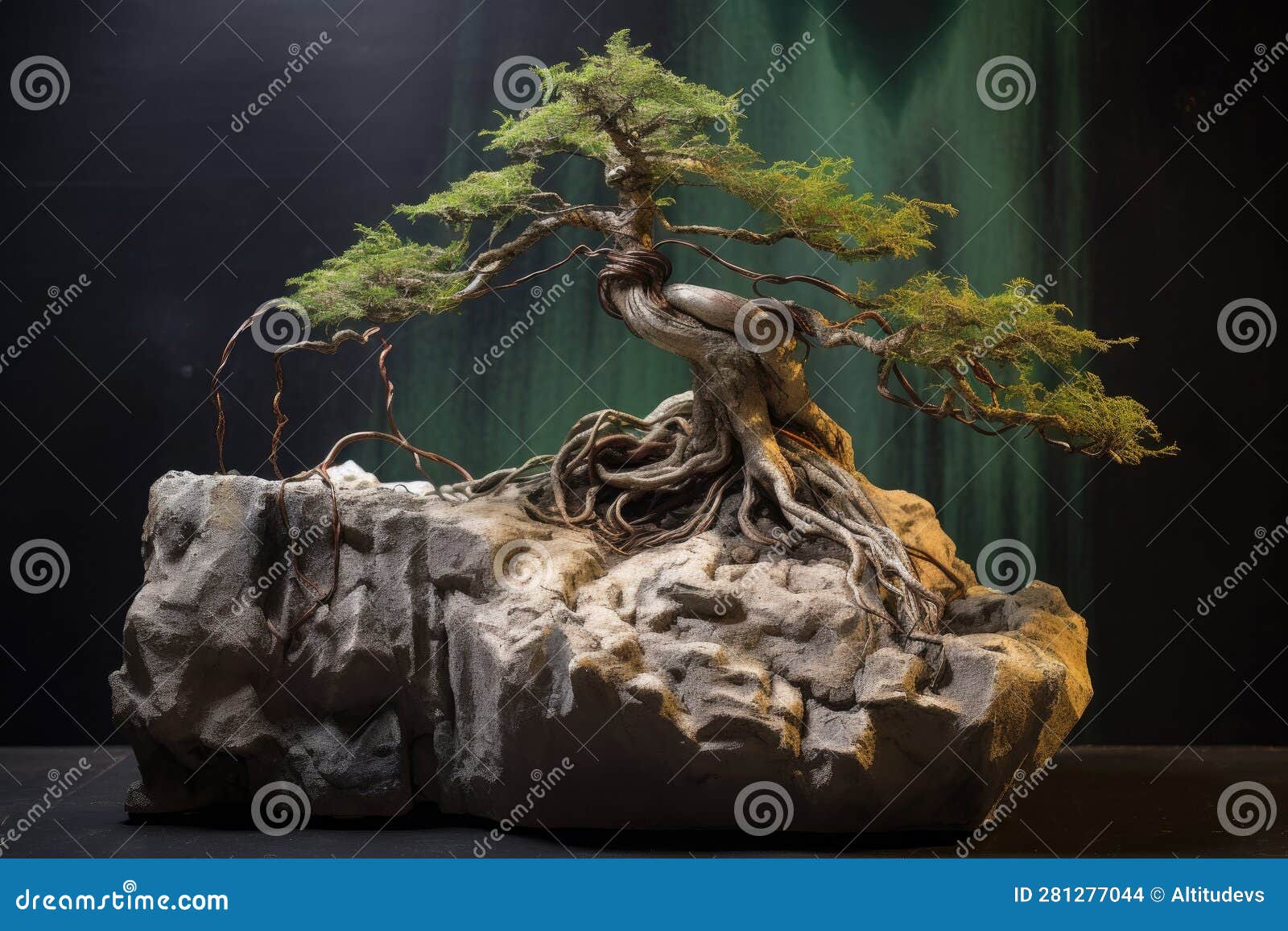 Bonsai Tree with Exposed Roots Growing Over a Rocky Surface Stock ...