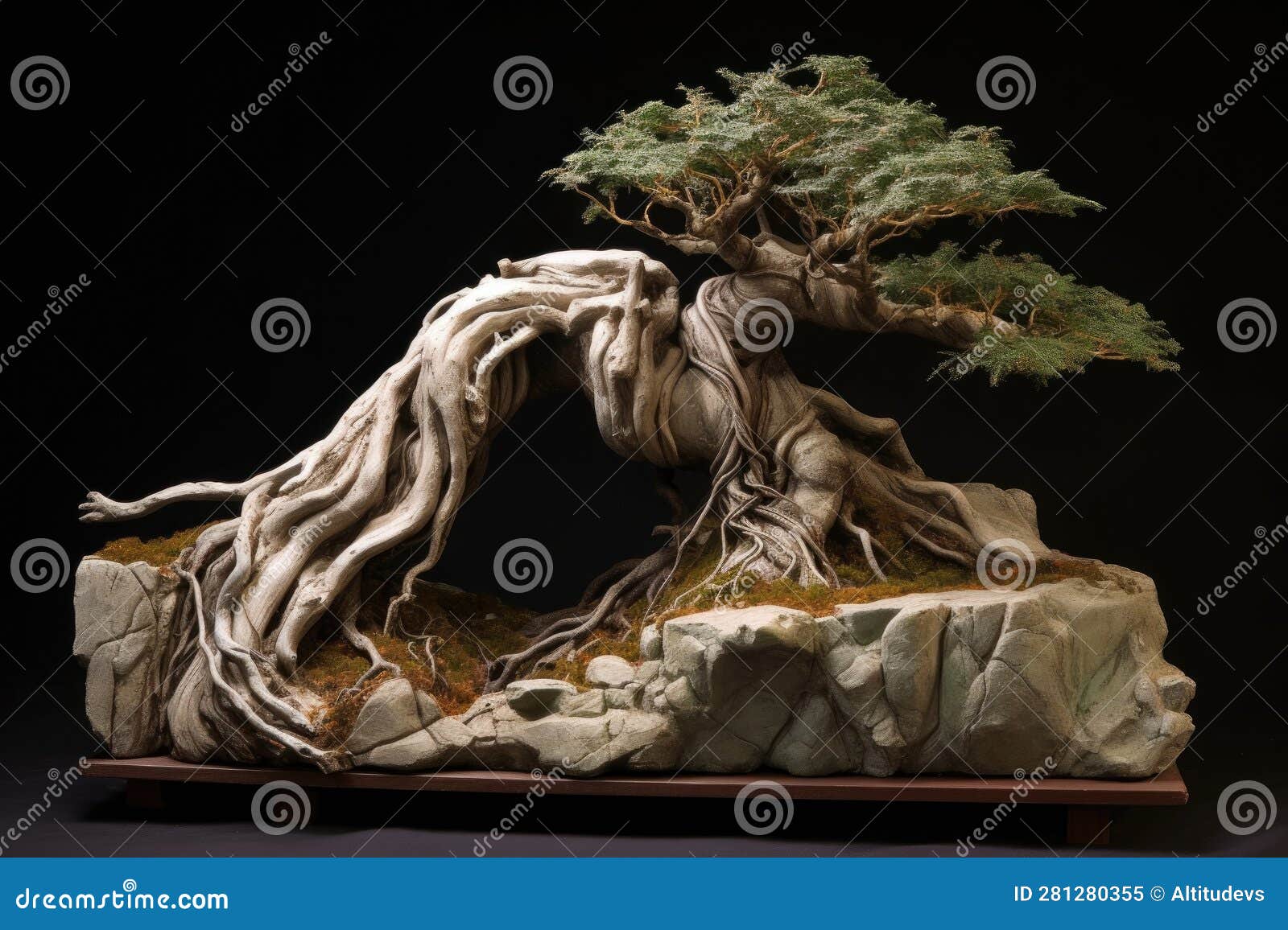 Bonsai Tree with Exposed Roots Growing Over a Rocky Surface Stock ...
