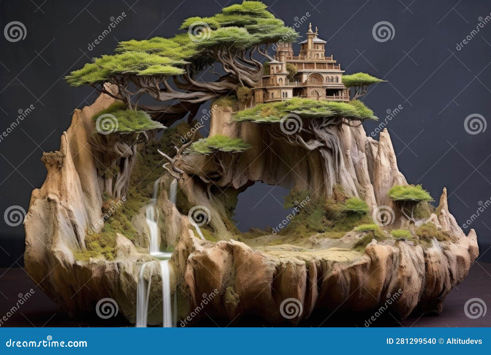 Bonsai Tree with Miniature Waterfall and Rock Formation Stock ...