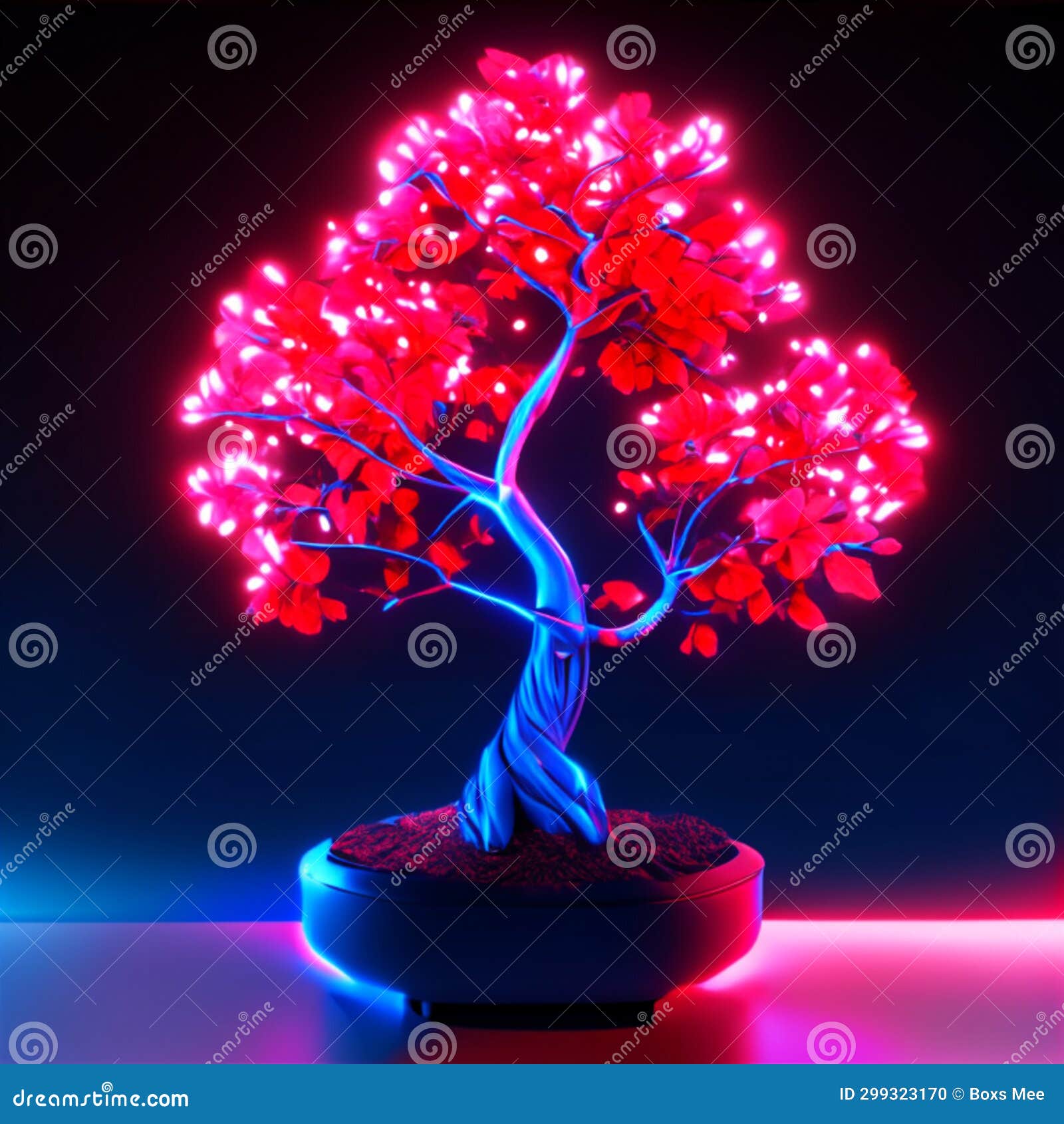 Bonsai Tree in Neon Light. 3D Rendering Illustration Stock Illustration ...