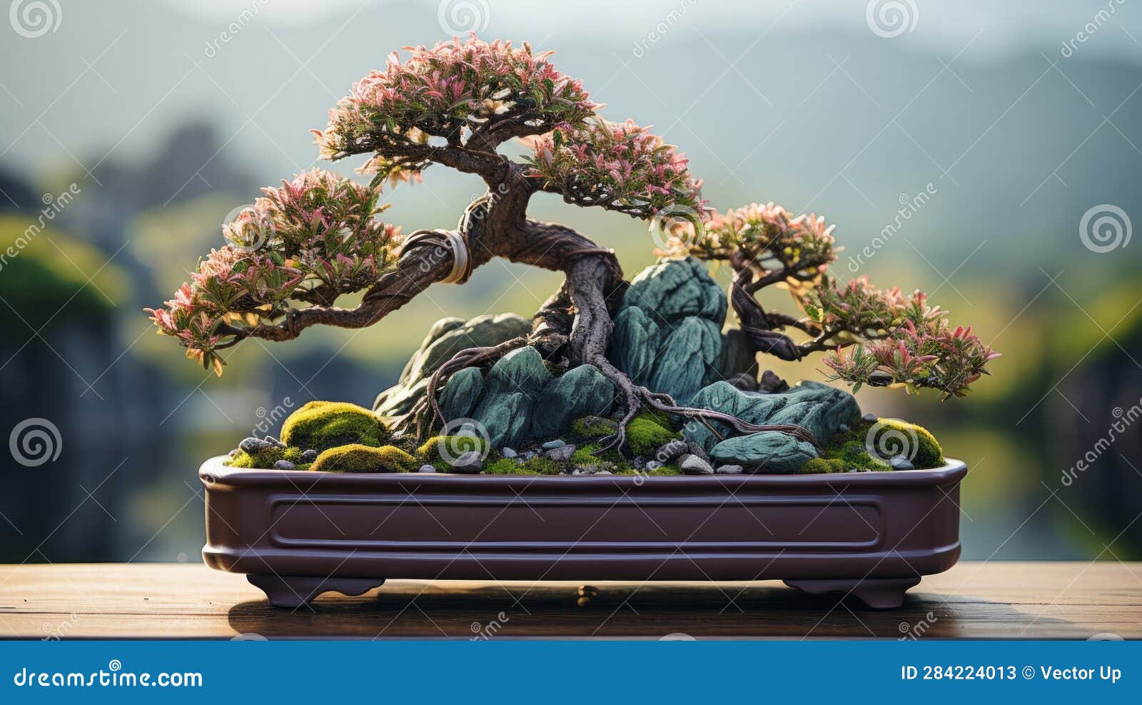 A Bonsai Tree in a Rectangular Pot. Generative AI. Stock Illustration ...