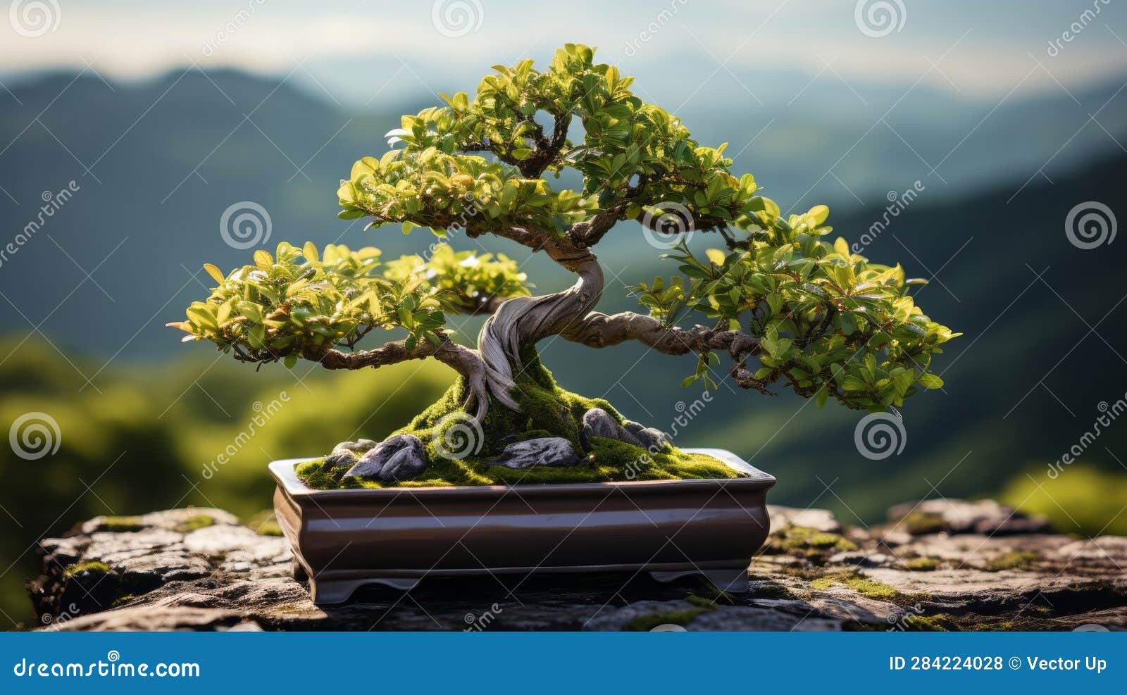 A Bonsai Tree in a Rectangular Pot. Generative AI. Stock Illustration ...