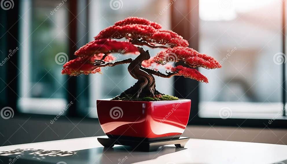 Bonsai tree in red pot stock illustration. Illustration of glass ...