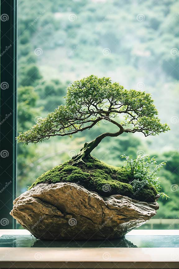 A Bonsai Tree Sitting on Top of a Rock in Front of a Window Stock Image ...
