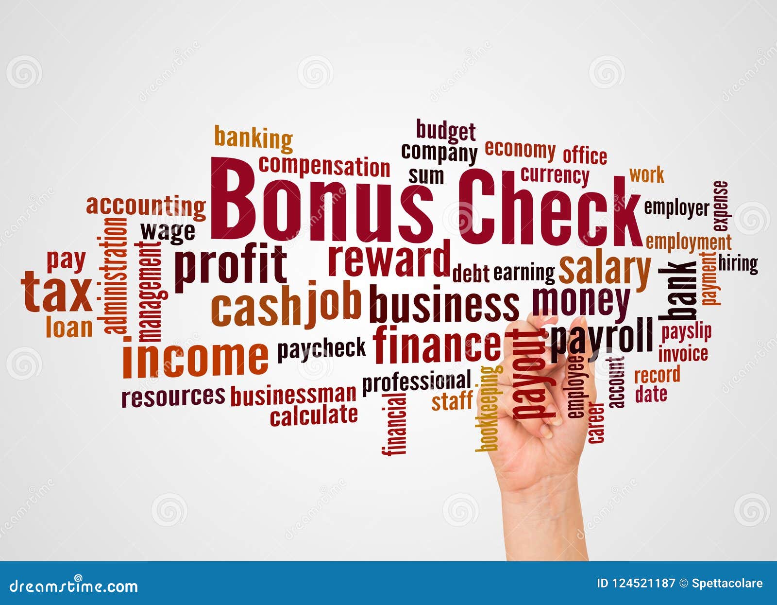 Bonus Check Word Cloud Concept and Hand with Marker Stock Image - Image ...