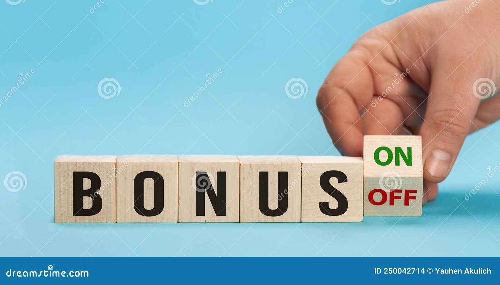 Bonus is Going Up or Vice Down. Hand is Turning Wooden Cubes a Dice and ...