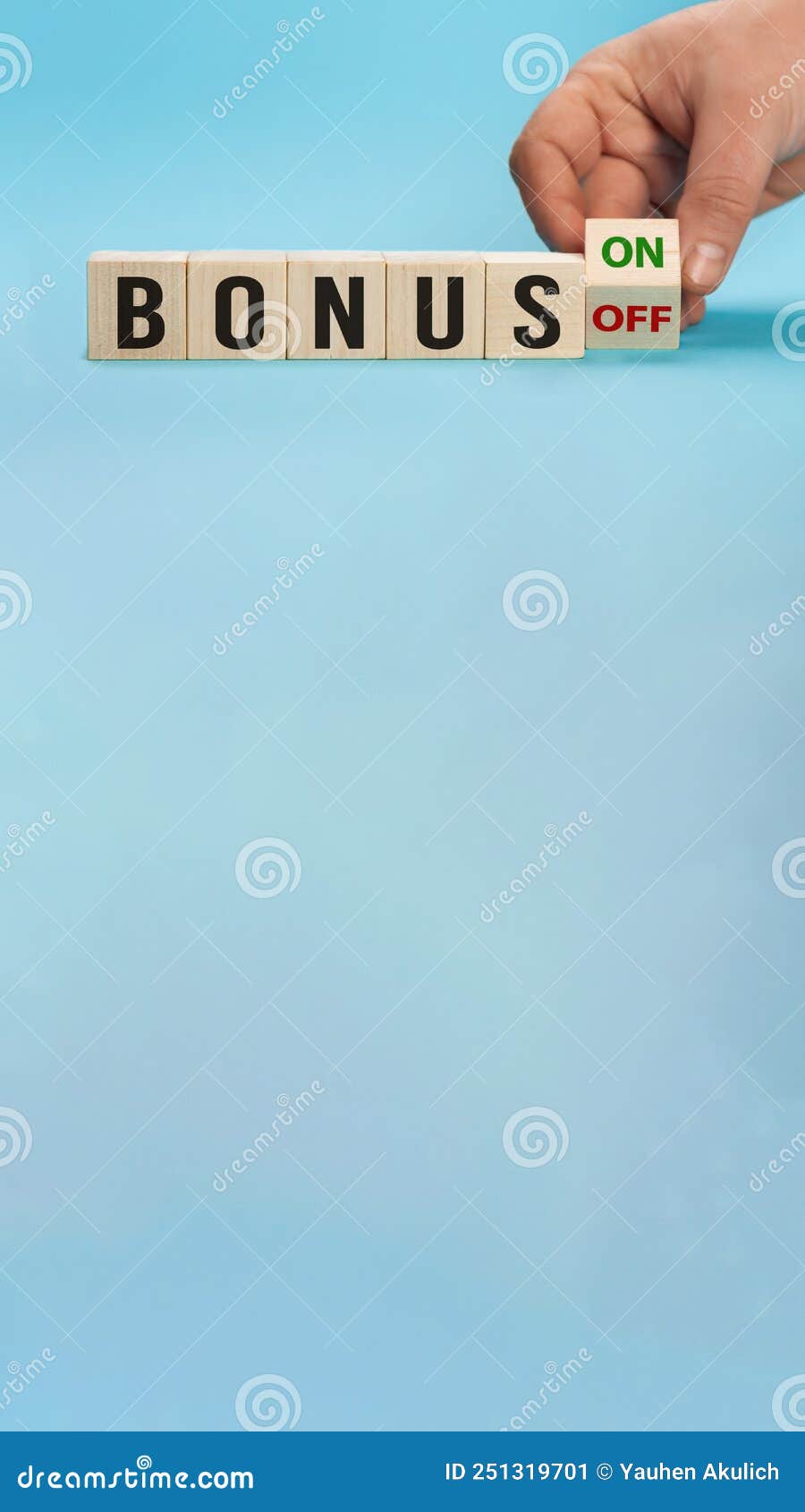 Bonus is Going Up or Vice Down. Hand is Turning Wooden Cubes a Dice and ...