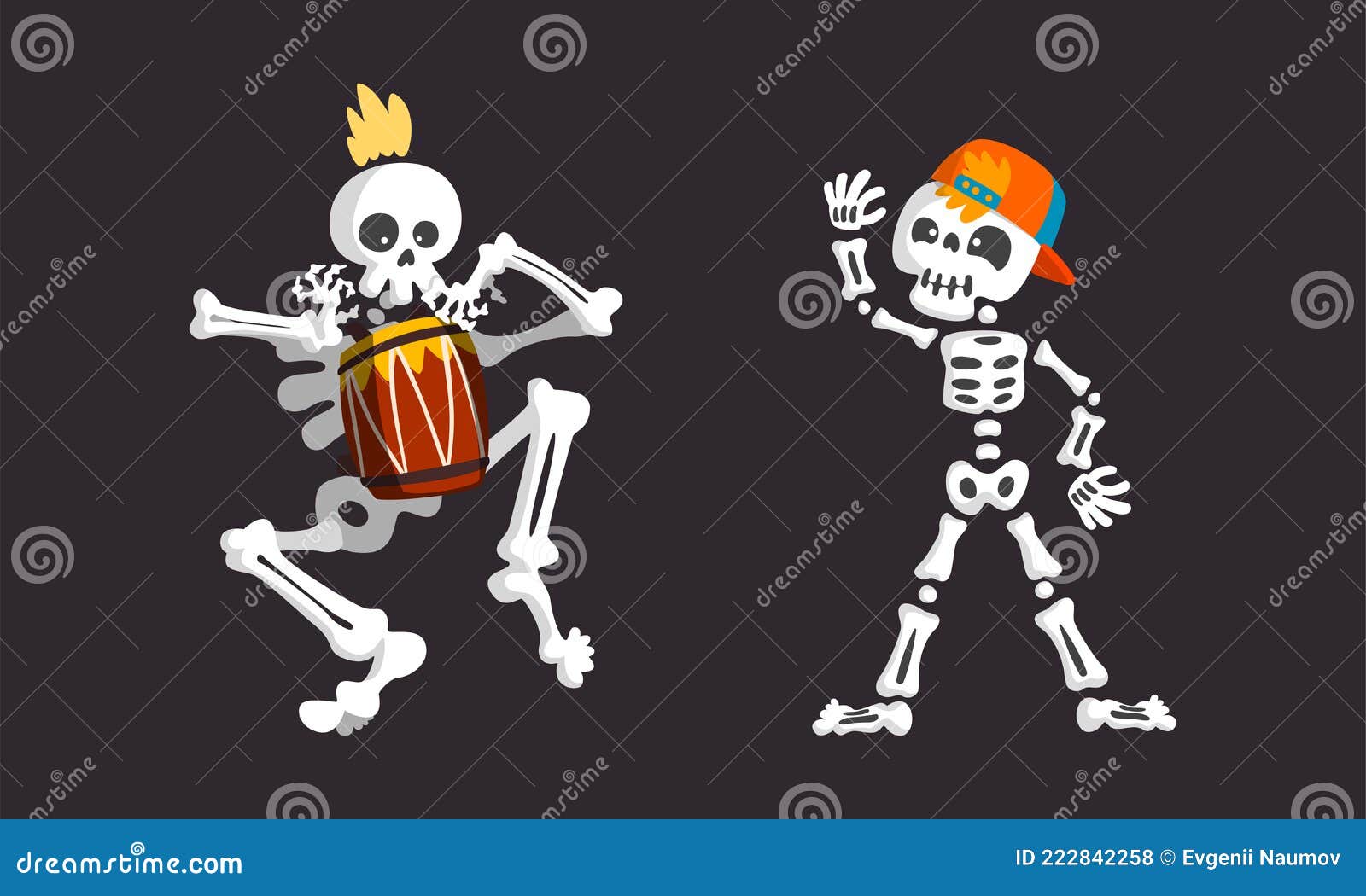 Bony Skeleton Character Waving Limb And Playing Drum Vector Set ...