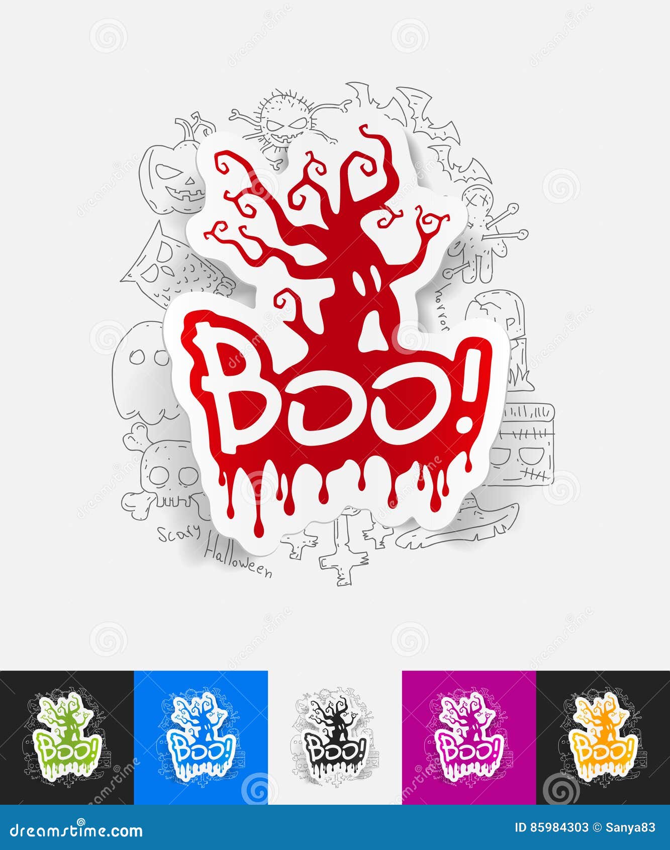 Boo Paper Sticker with Hand Drawn Elements Stock Vector - Illustration ...
