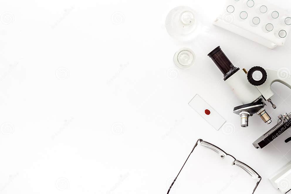 Bood Testing with Microscope in Laboratory. Equipment on White ...