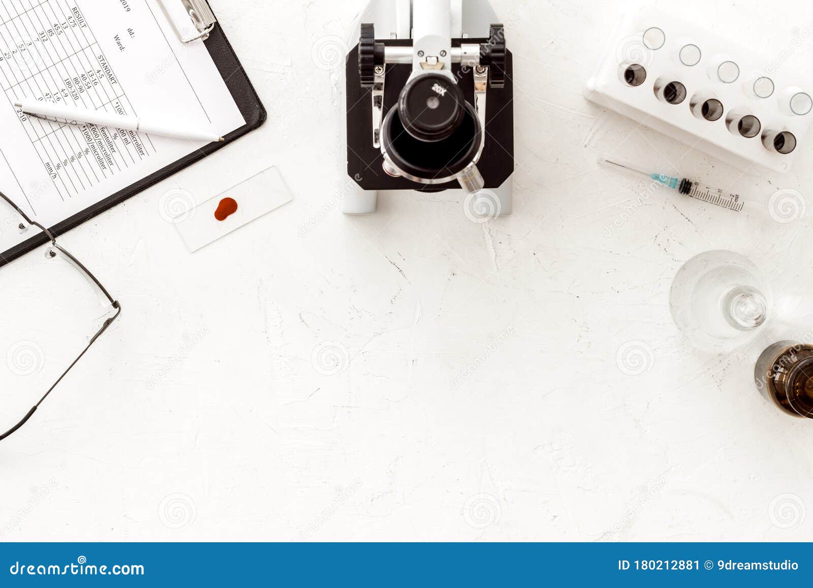 Bood Testing with Microscope in Laboratory. Equipment on White ...