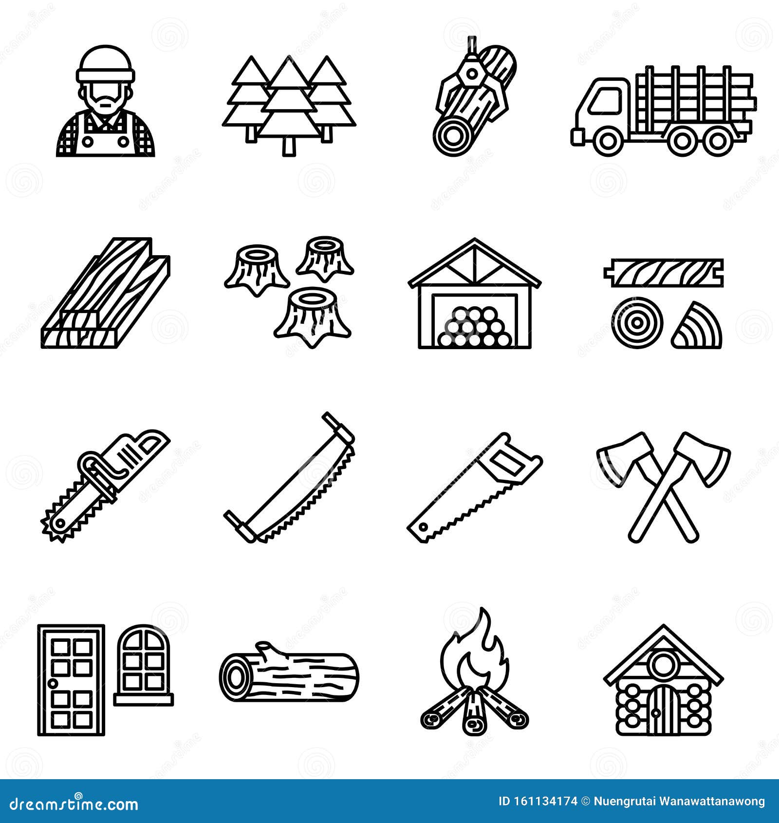Wood Lumber Mill Saw Tree Cut Icon Set. Thin Line Style Stock Vector ...