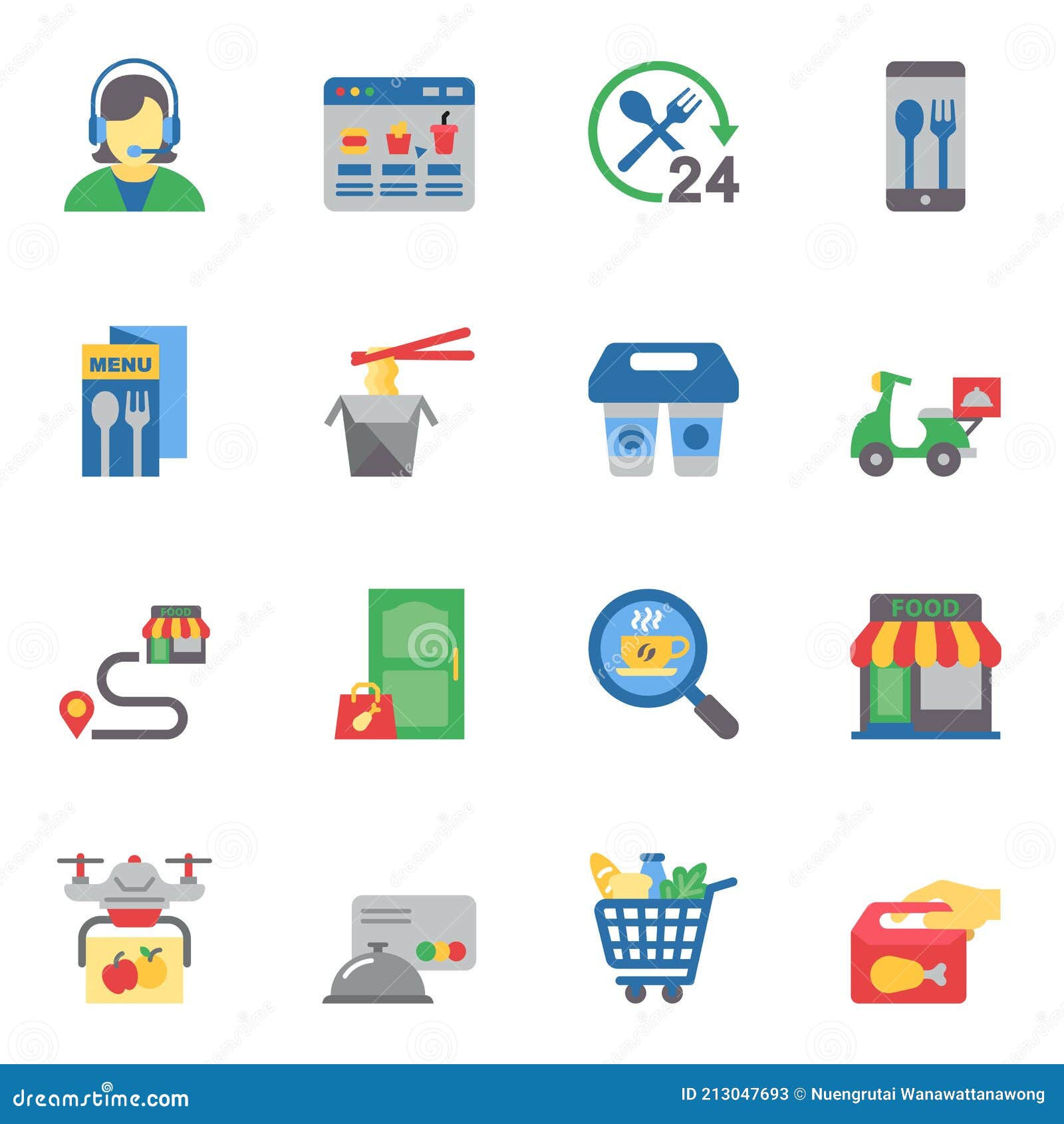 Food Delivery Service Flat Icon Set 1. Stock Vector - Illustration of ...